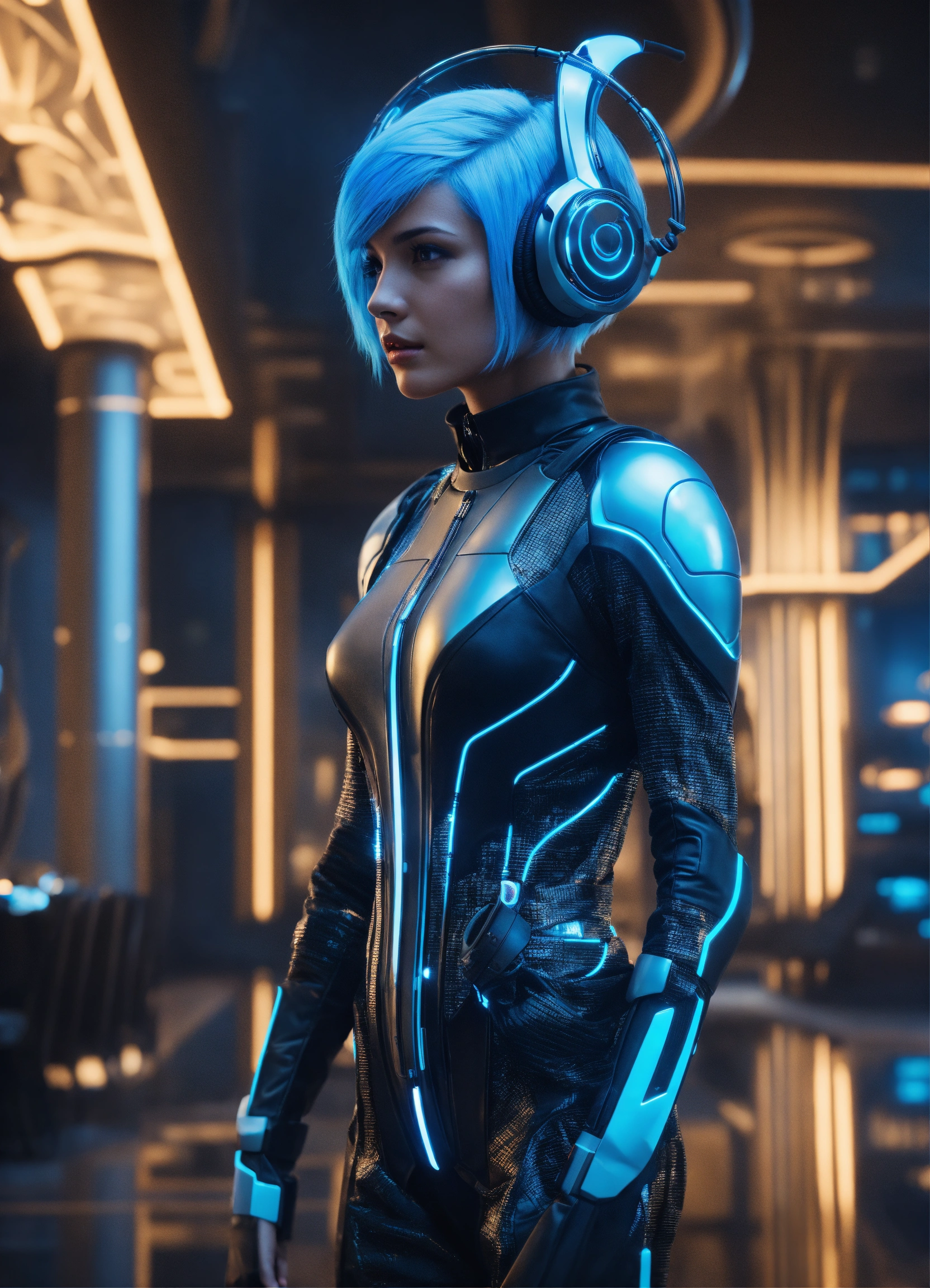 Lexica - Zoom out of a beautiful girl with short blue hair wearing a ...