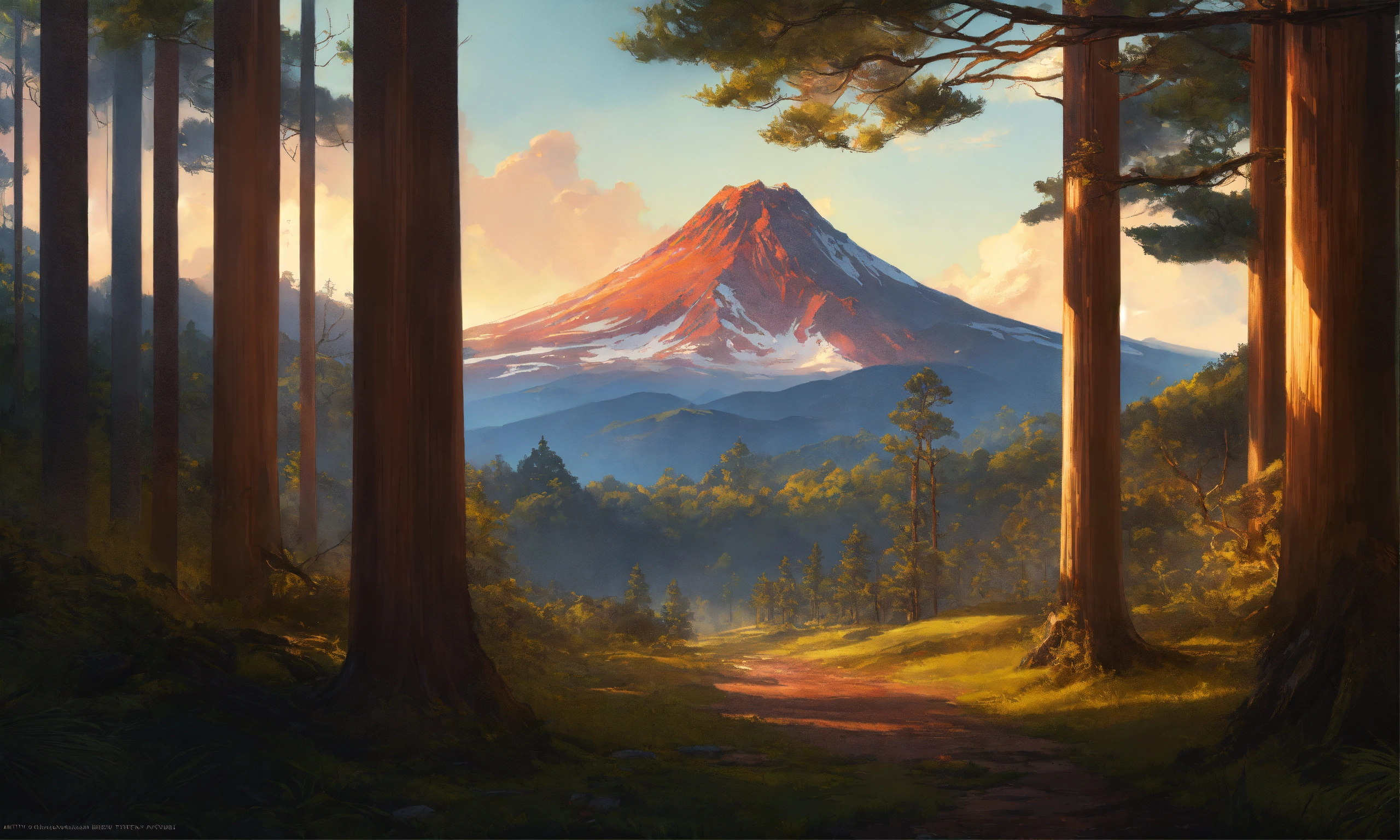 Lexica - Wooden palissade with dormant volcano in distance and pine forest, highly detailed ...