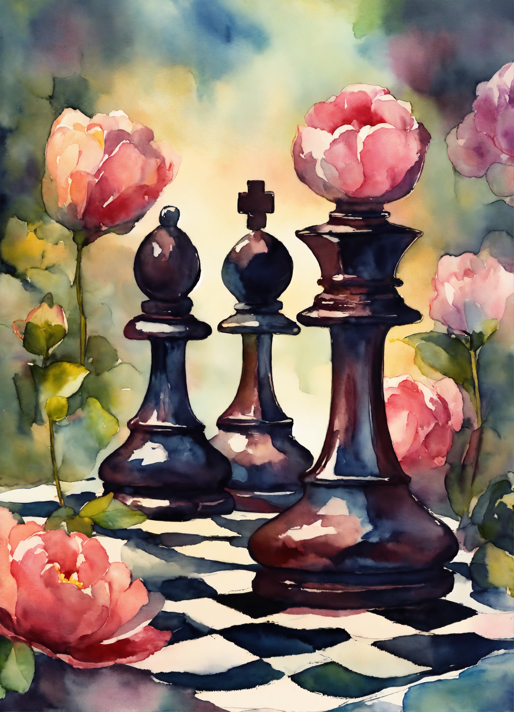 Lexica - Romantic chess around flowers watercolor style