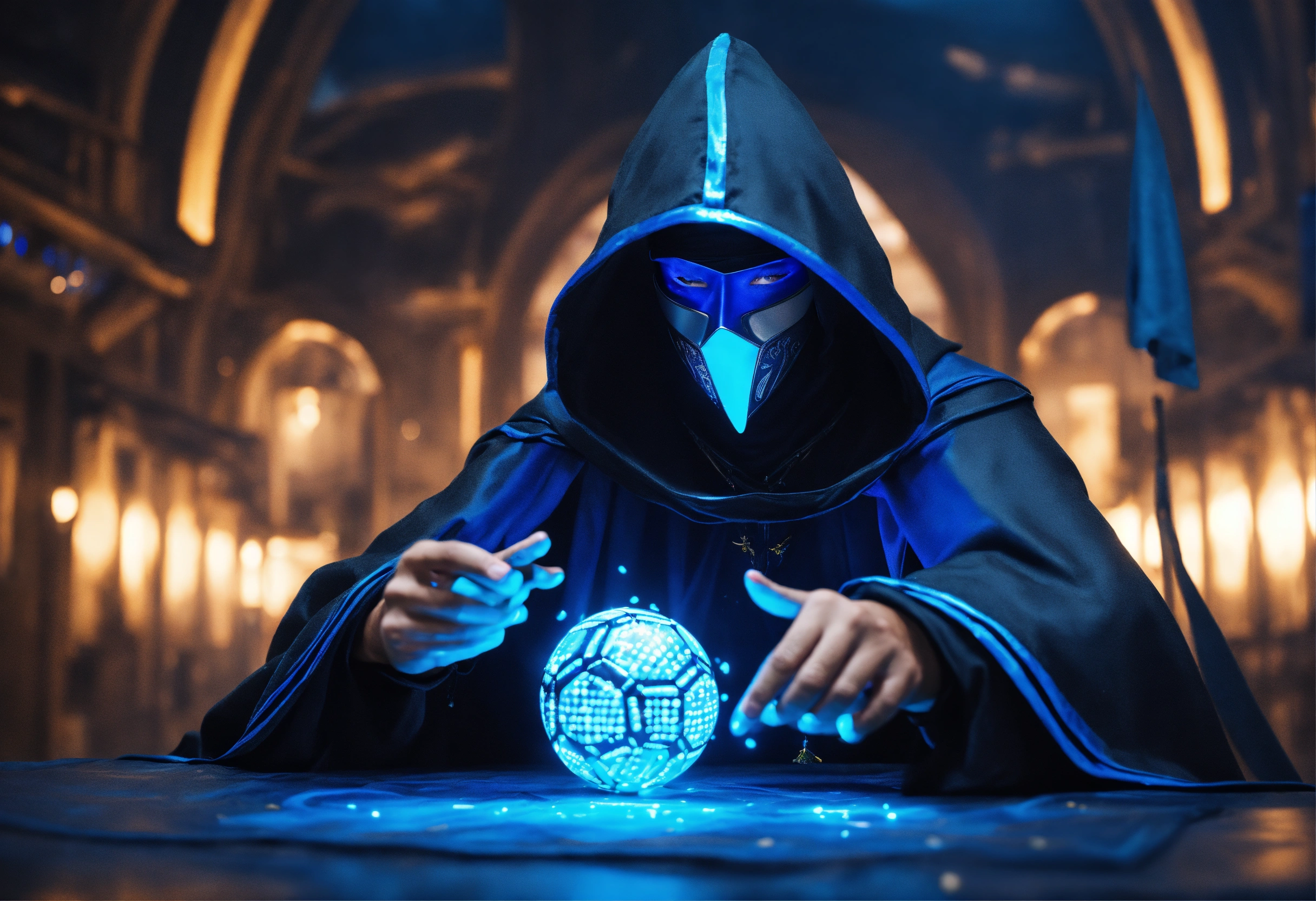 Lexica - A black and blue cloaked masked sorcerer casting a spell ...