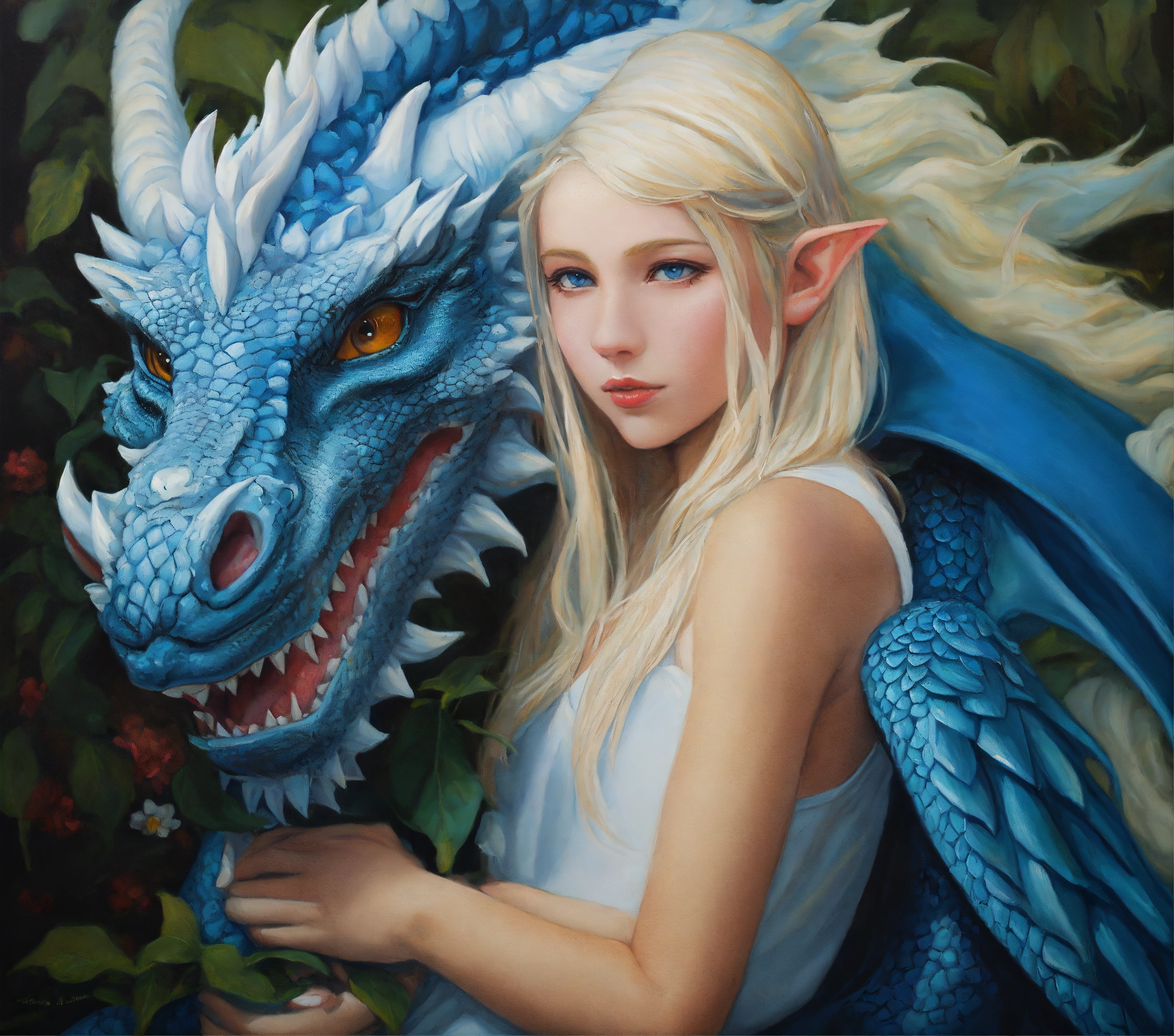 Lexica - Oil painting of a huge, magnificent two meter big blue dragon ...