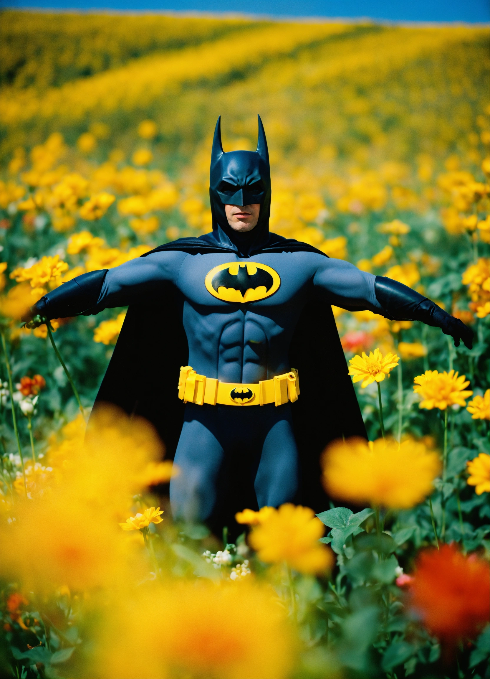 Lexica - Happy Batman standing in a beautiful field of flowers ...