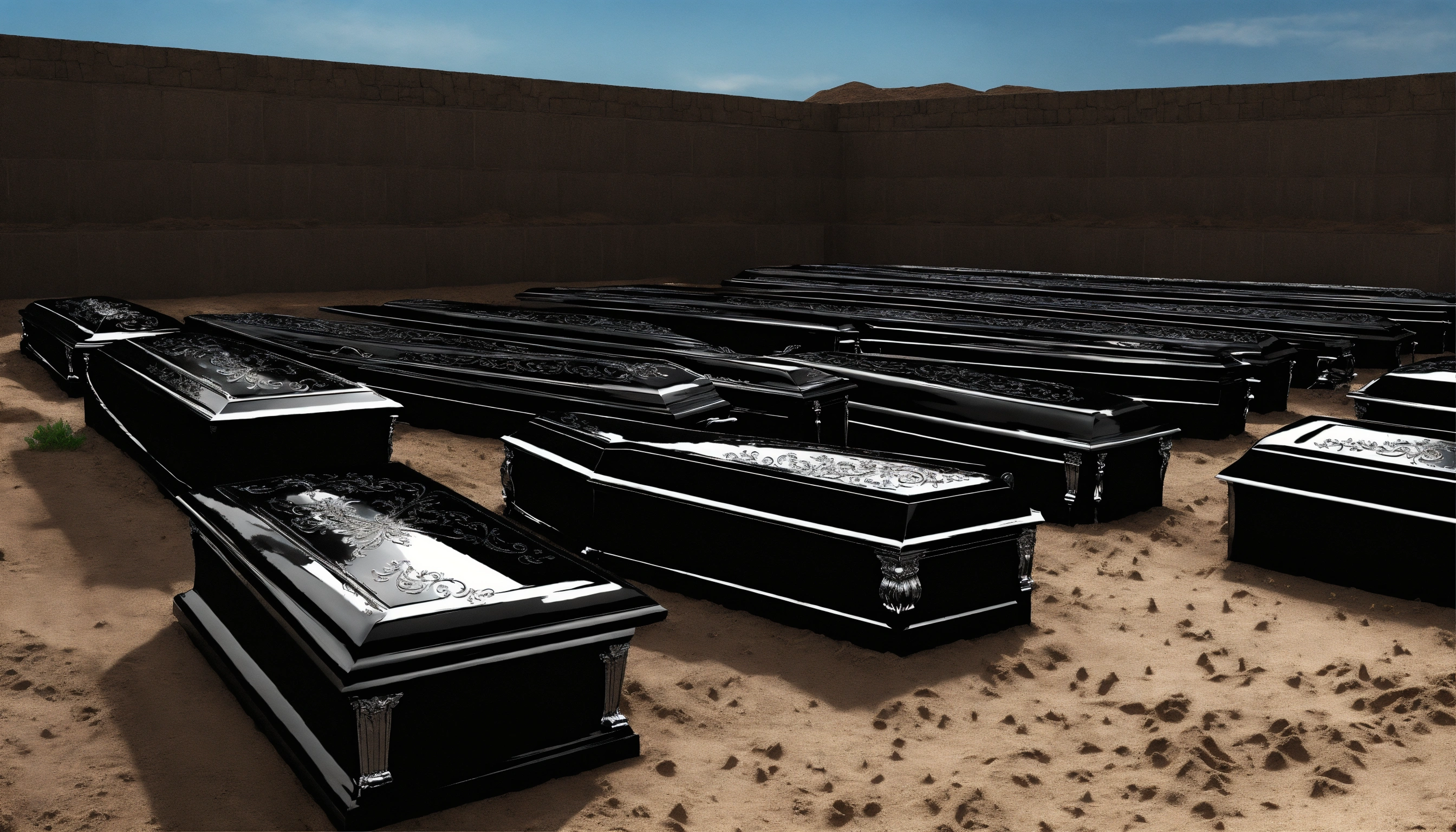 Lexica - Many black coffins with silvern ornaments lying in the dirt ...