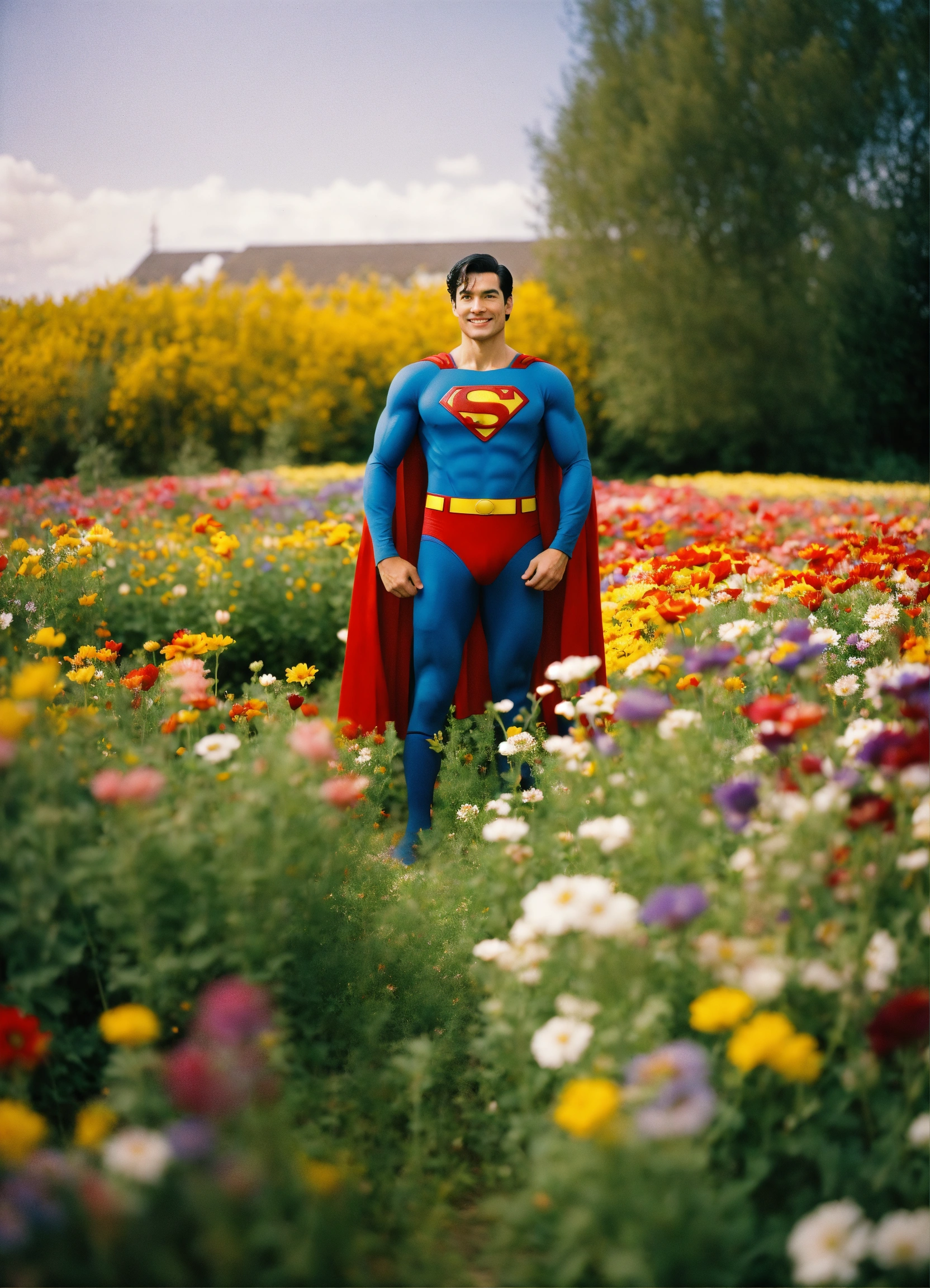 Lexica - Happy Superman standing in a beautiful field of flowers ...
