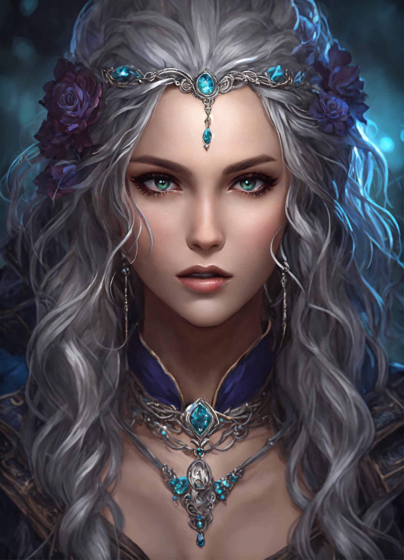 Lexica - Dark sorceress with wavy, silver-streaked braided locks ...