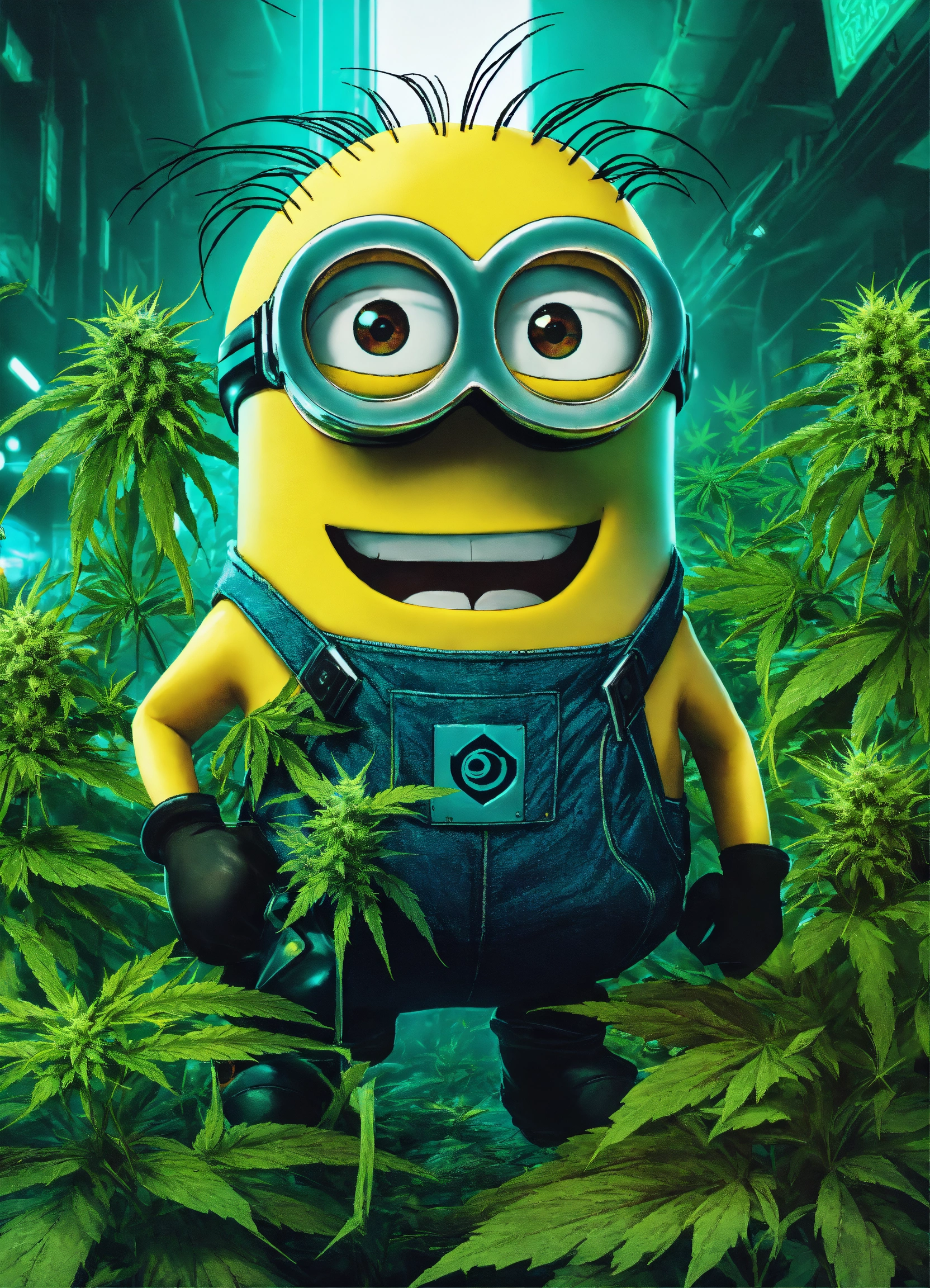 Lexica - Cyberpunk poster of minion surrounded by cannabis plants