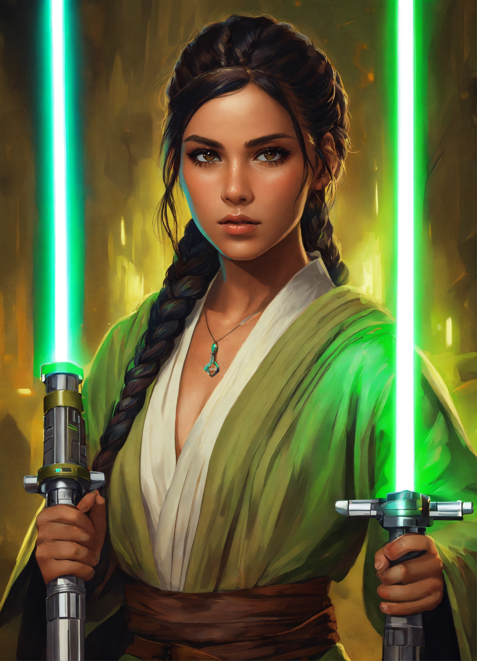 Lexica - Young woman, jedi knight, holding two green lightsabers, olive ...