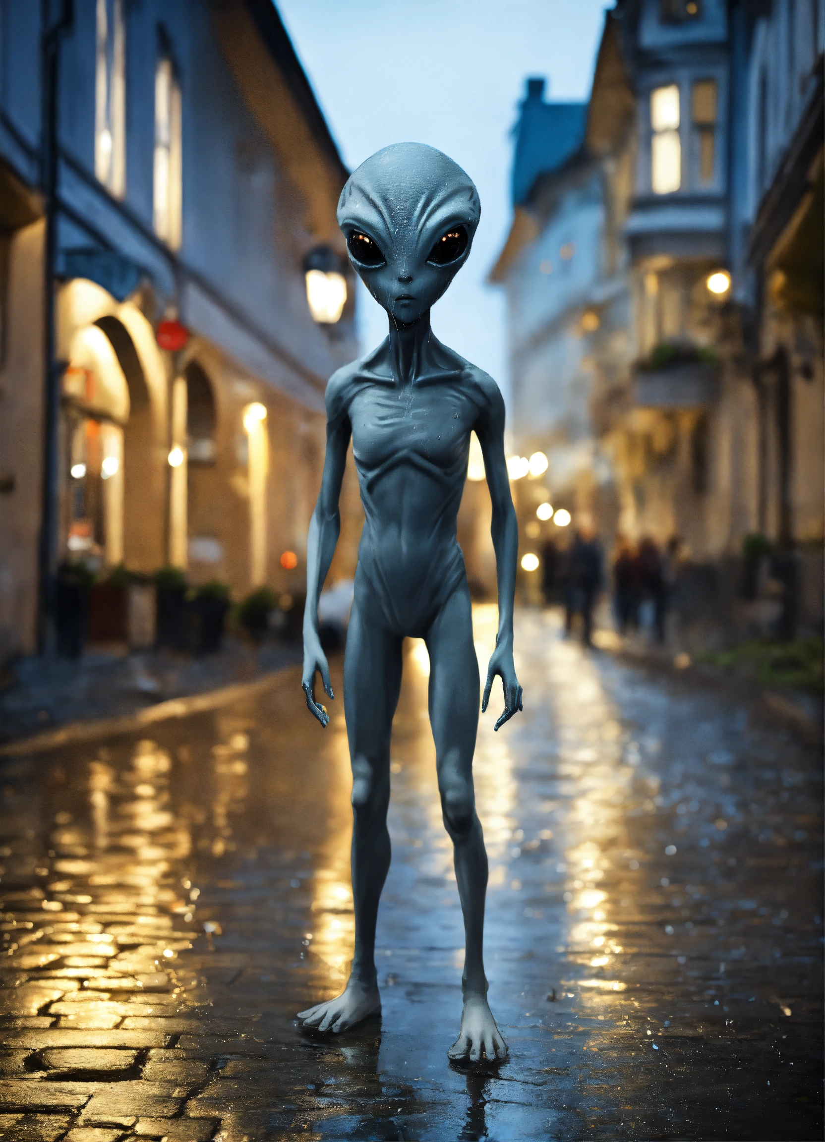 Lexica - Very cute, realistic grey alien standing in the street of ...