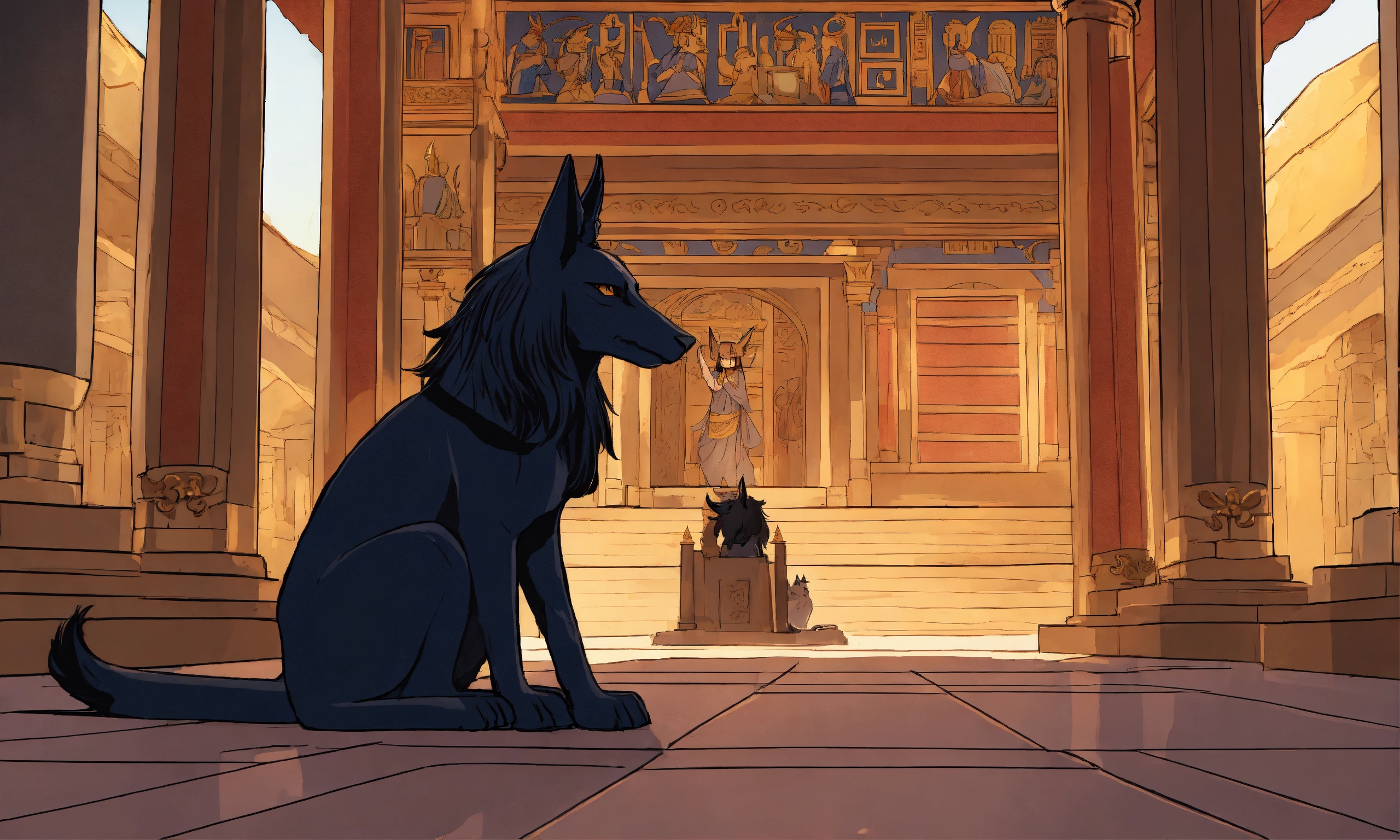 Lexica - Young human Black long haired Anubis at a temple. comic