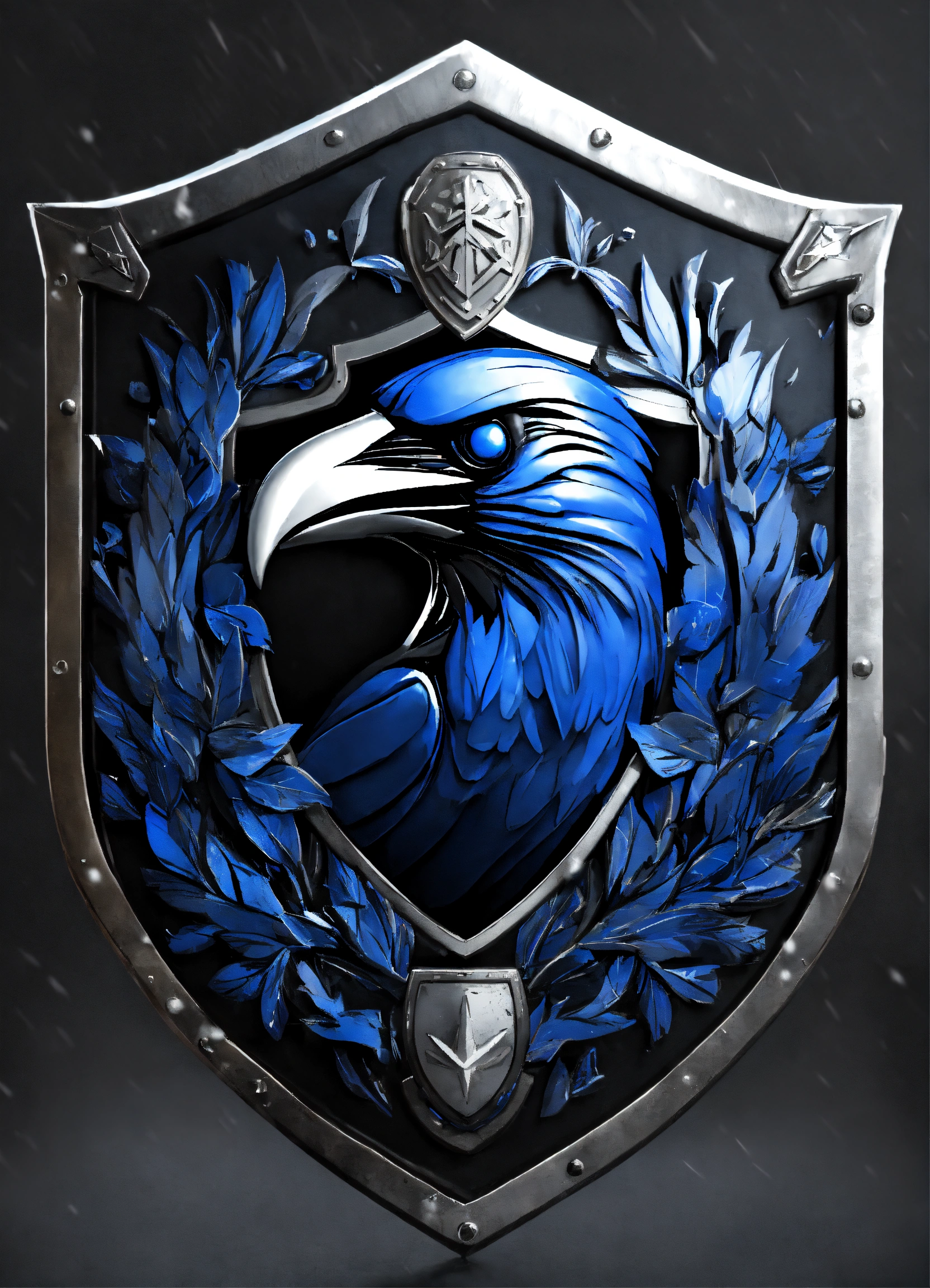 Lexica - Angry, raven logo, snow style, metal, black and blue, shield