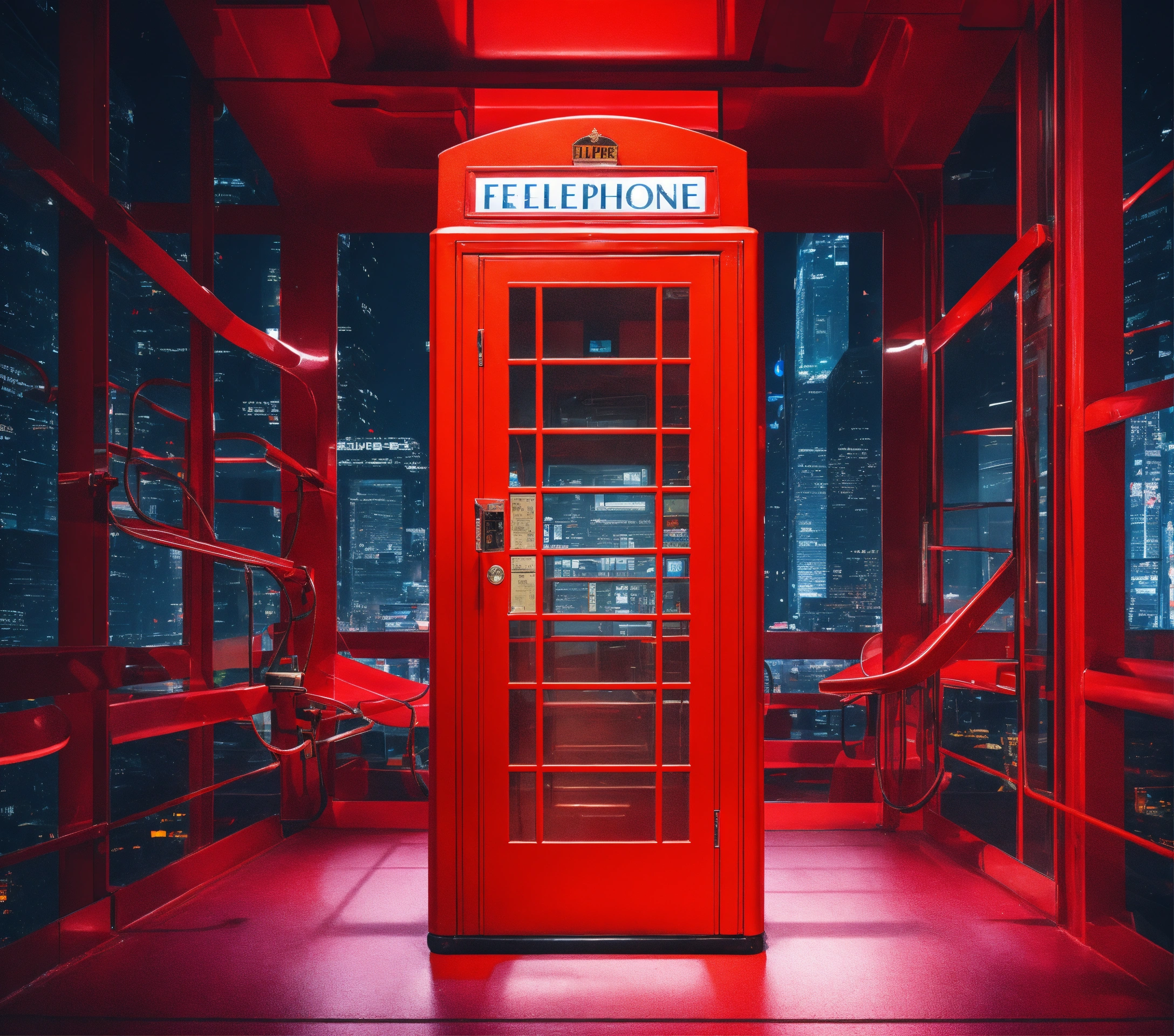 Lexica - An old-fashioned red phone booth on a futuristic environment