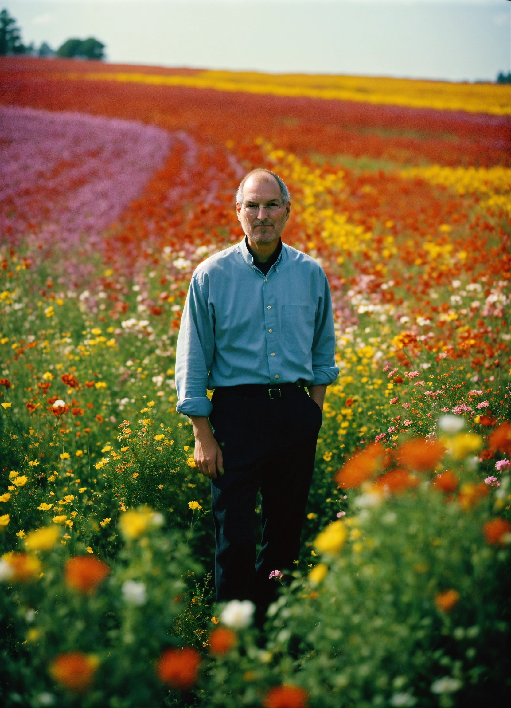Lexica - Happy Steve Jobs standing in a beautiful field of flowers ...