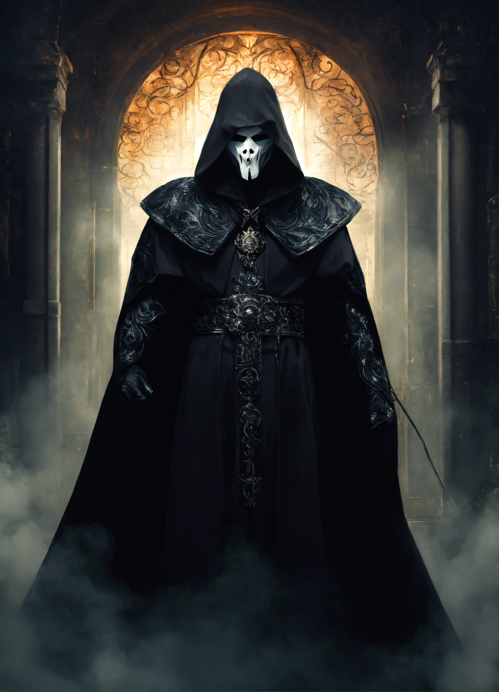 Lexica - White masked man wearing black robes, evil wizard