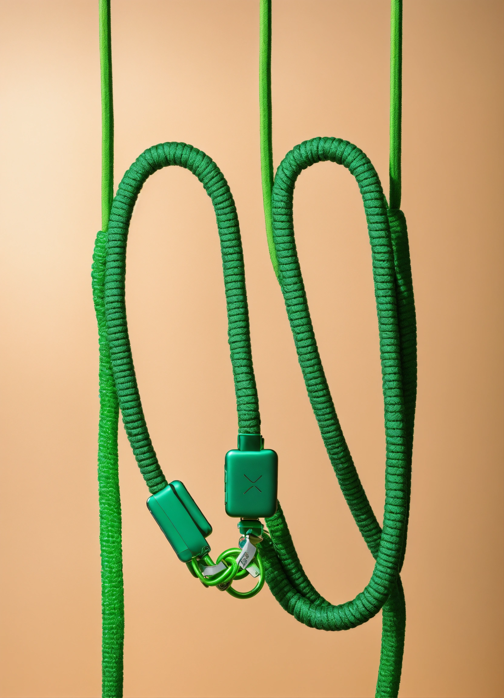 Lexica - Three suspended green bungee cords in knot holding phone ...