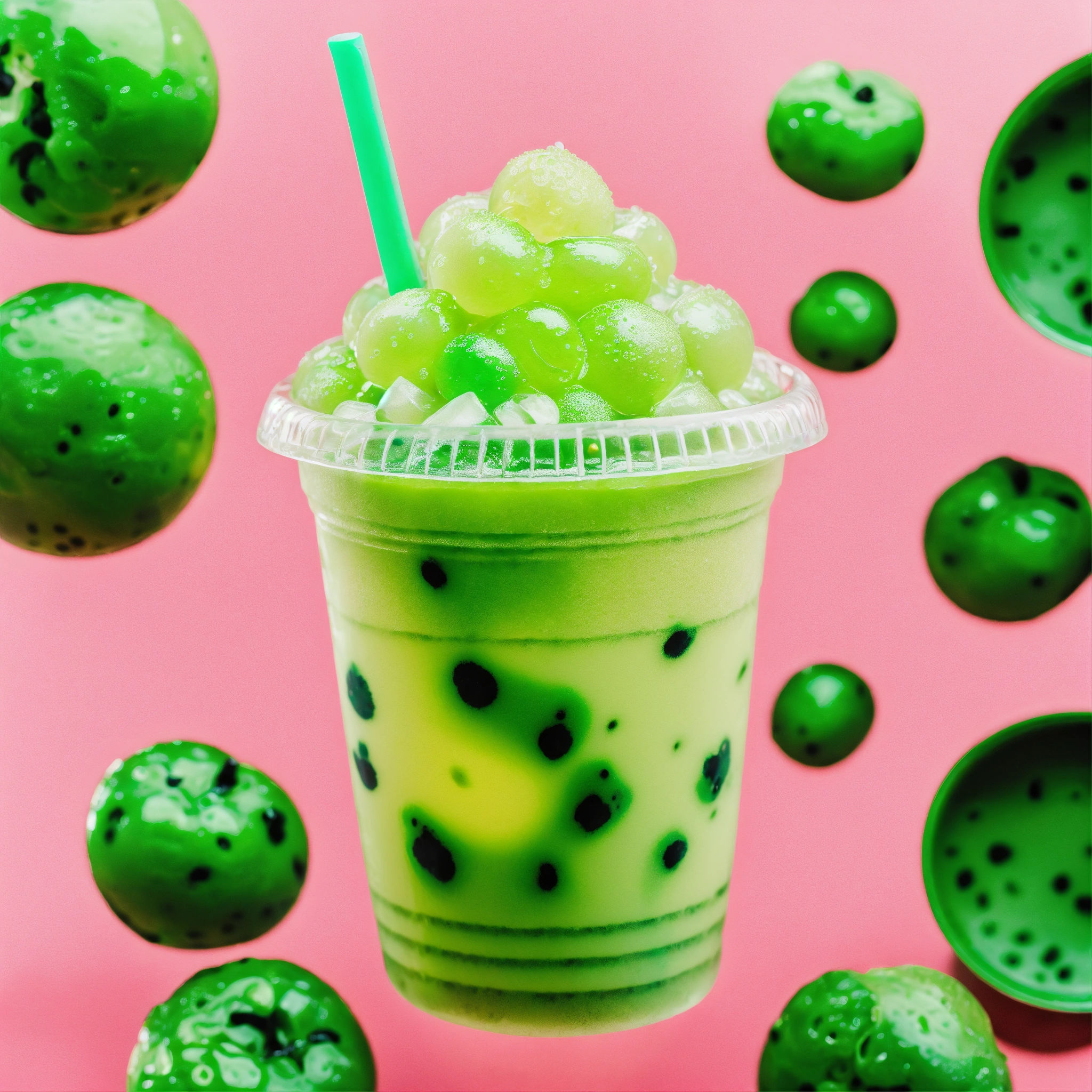 Lexica - Floating green boba tea. A lot of bobas. Stickers on cup ...