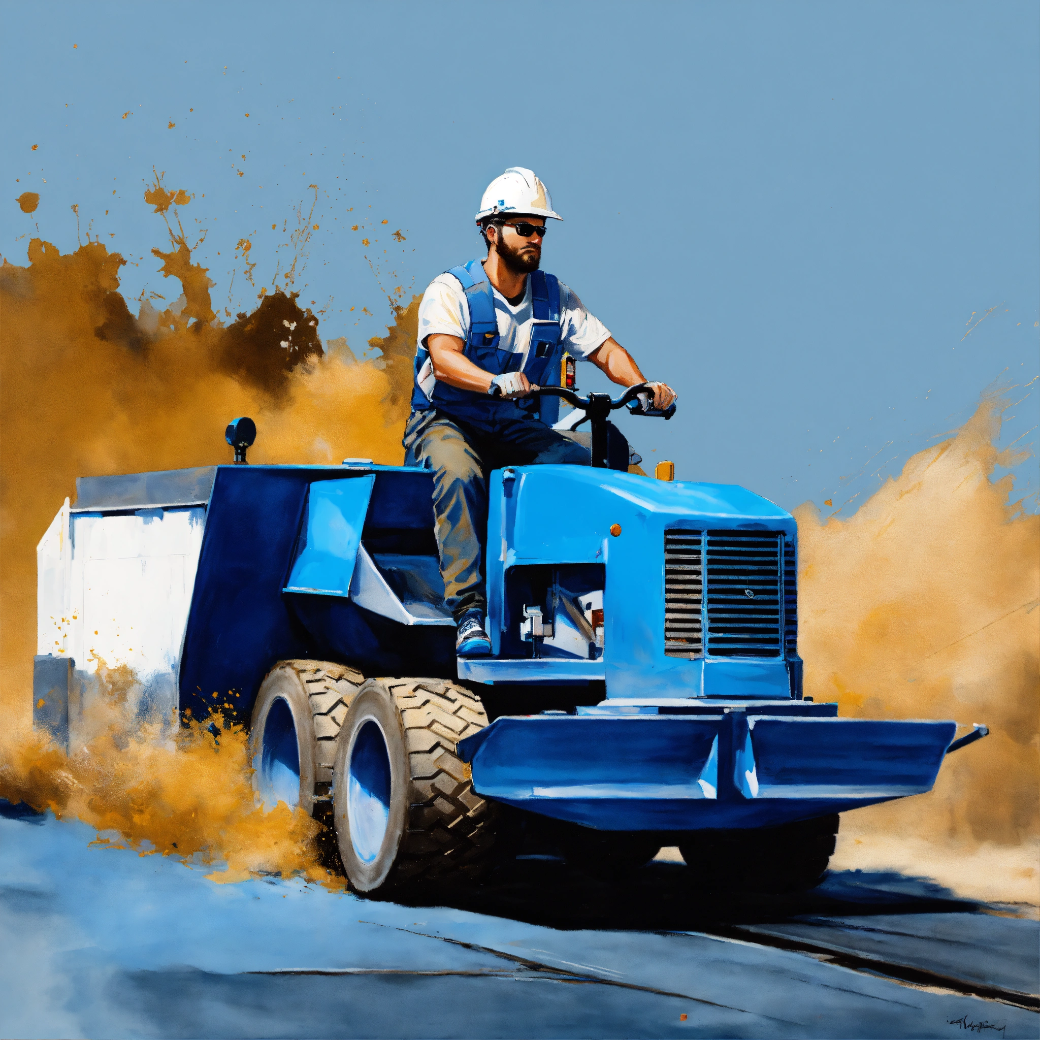 Lexica - Painting of a construction worker riding a asphalt paver into ...