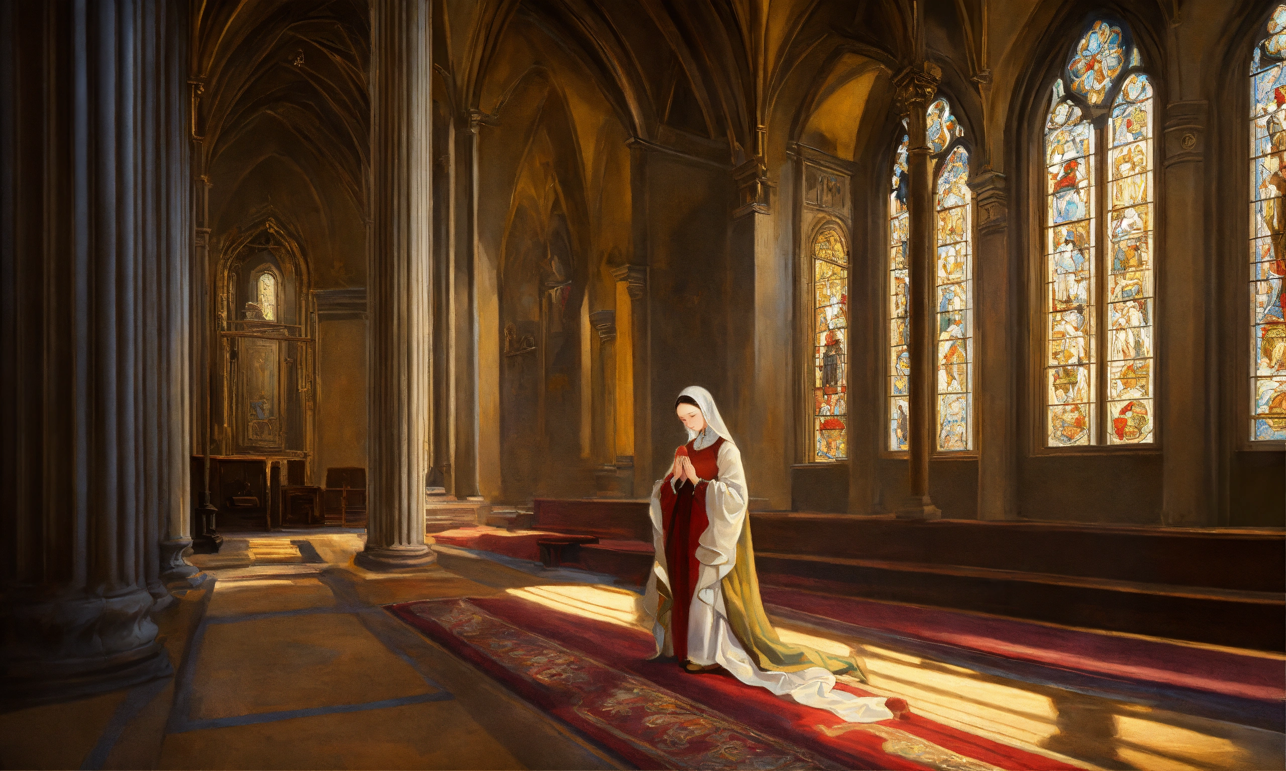 Lexica - Renaissance oil painting of a woman praying inside a church