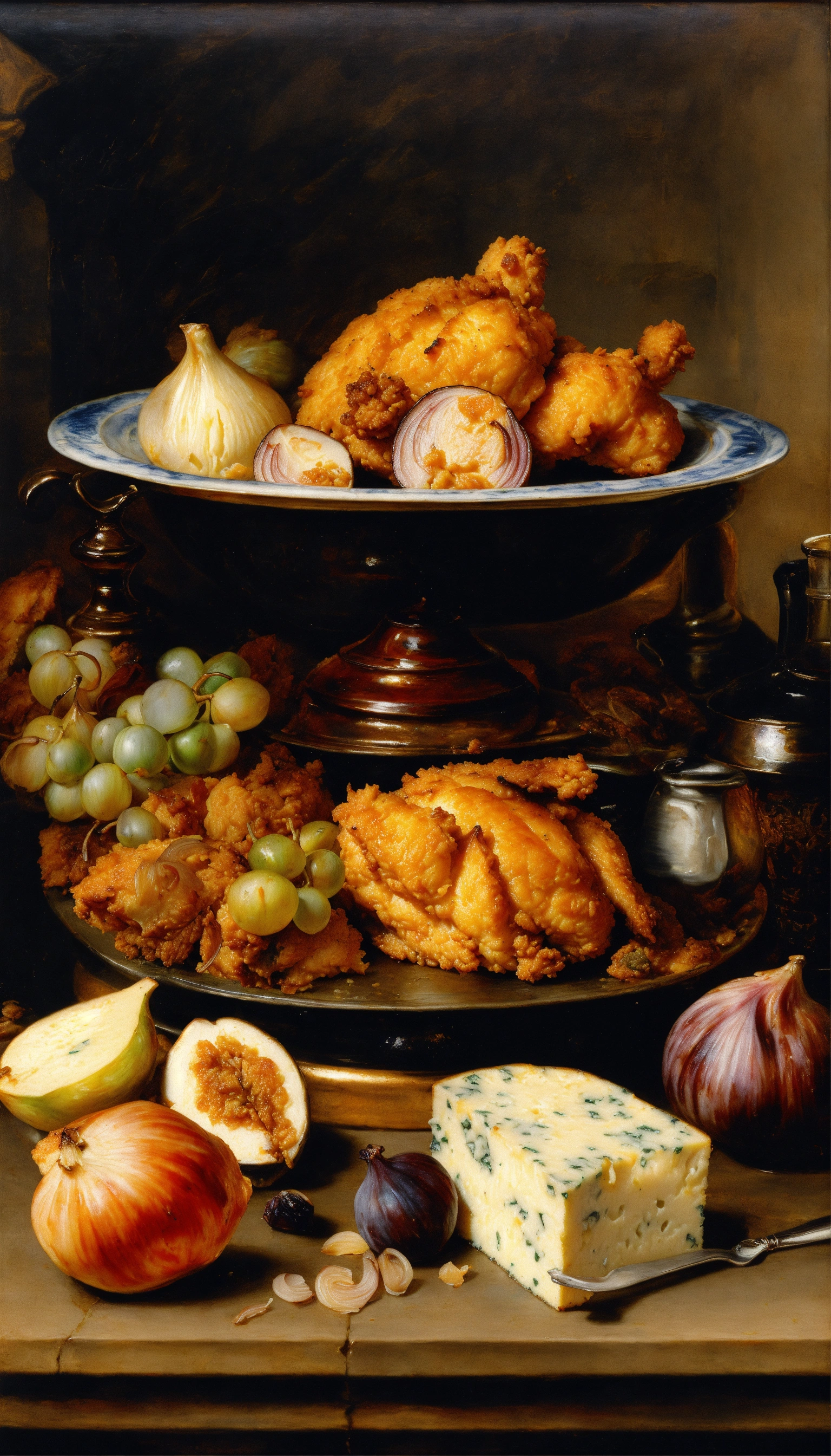 Lexica - Still life with fried chicken, cheeses, onions and figs by ...