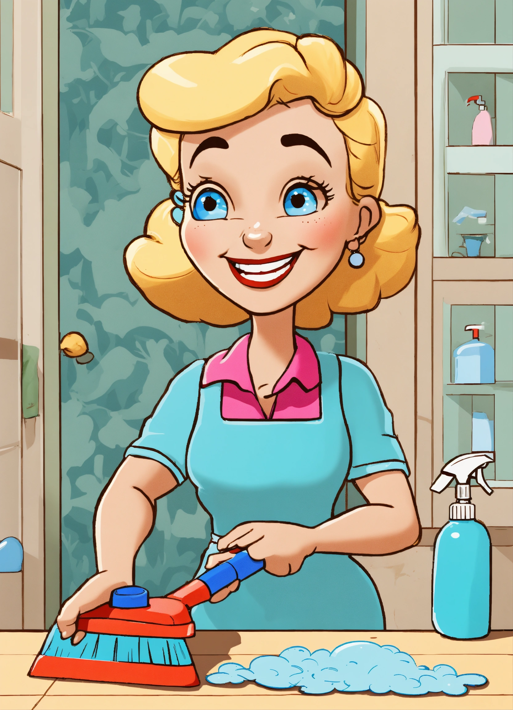 Lexica - Cartoon lady cleaning, dusting, blonde, winking