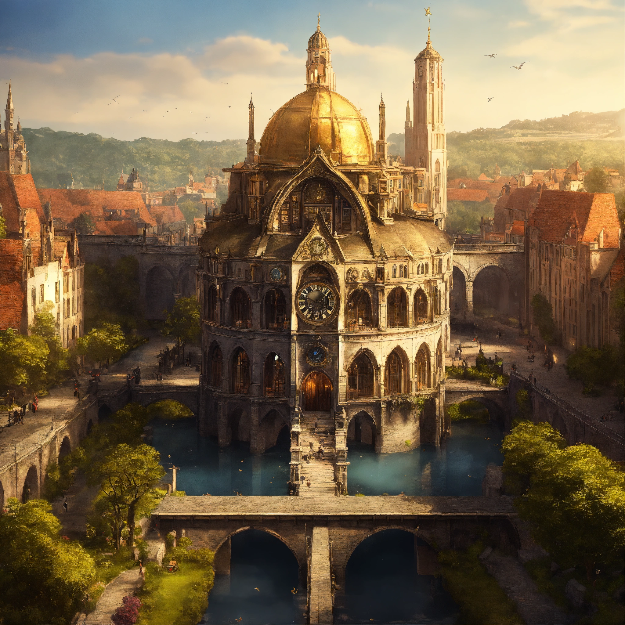 Lexica - Bird-view of a small fantasy city with a massive gothic ...