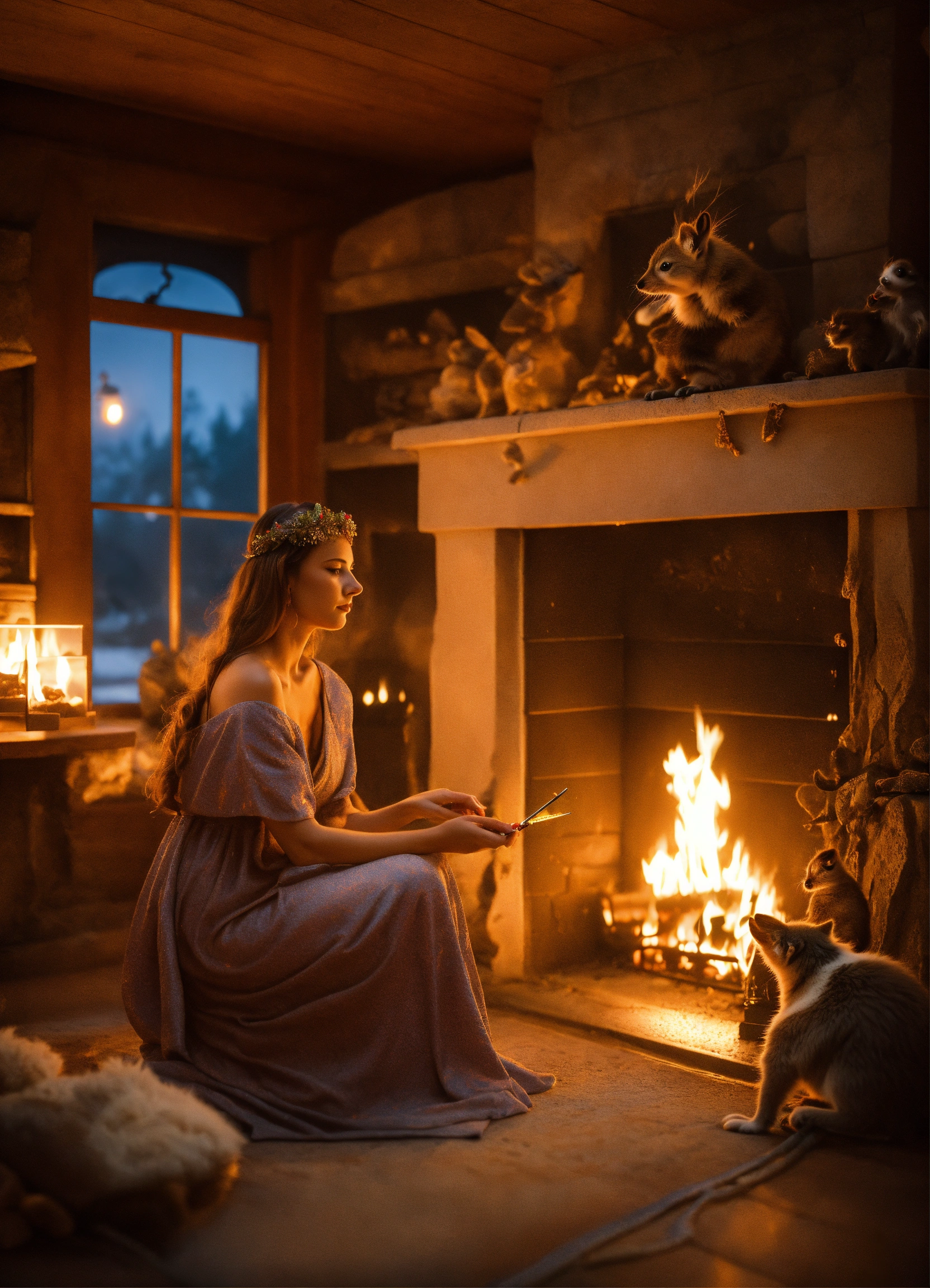 Lexica - A beautiful mystic lady sitting in front of fireplace teaching ...