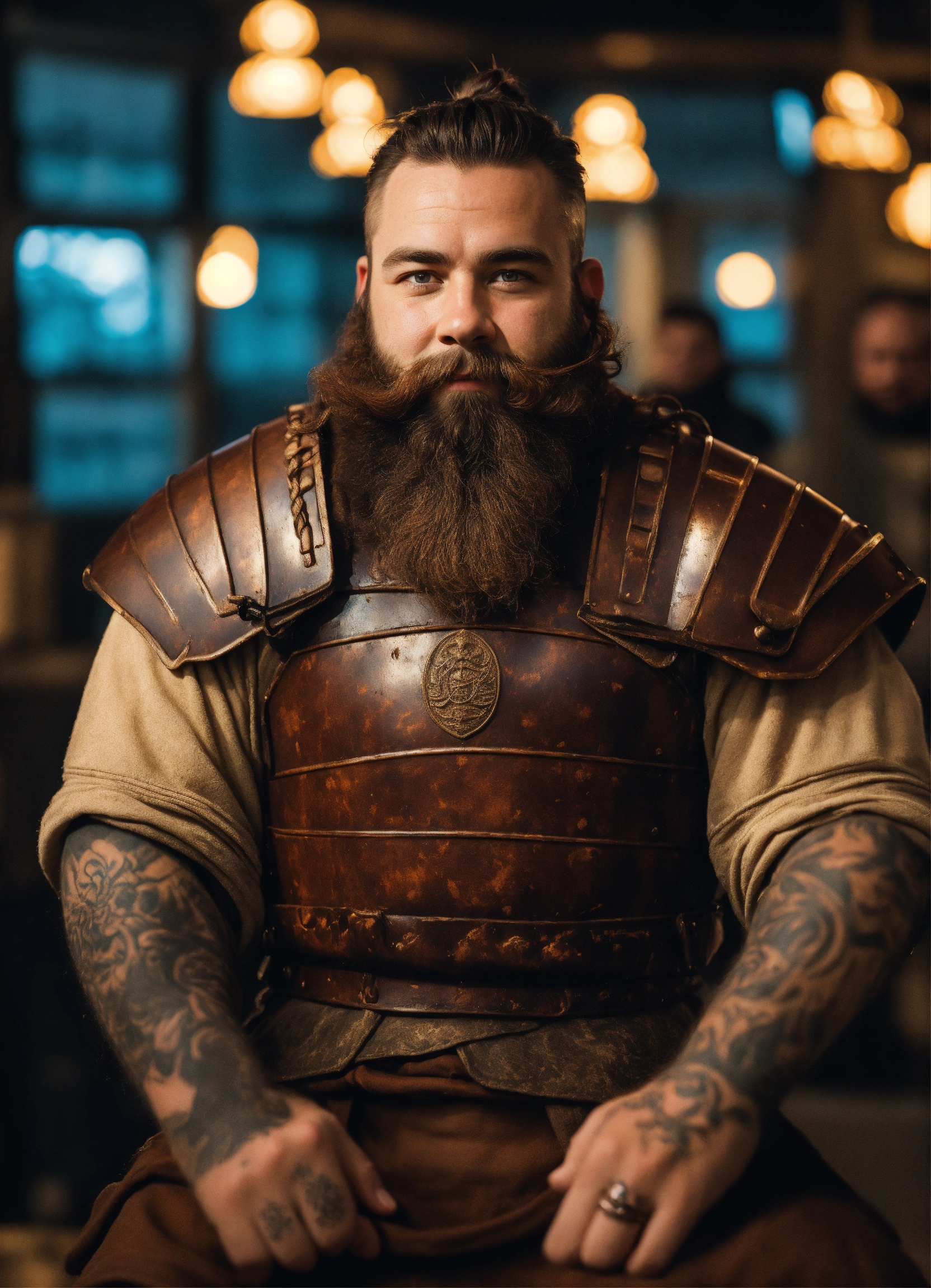 Lexica - Photo realistic portrait of dwarf, male, hairy chest, tattoos ...