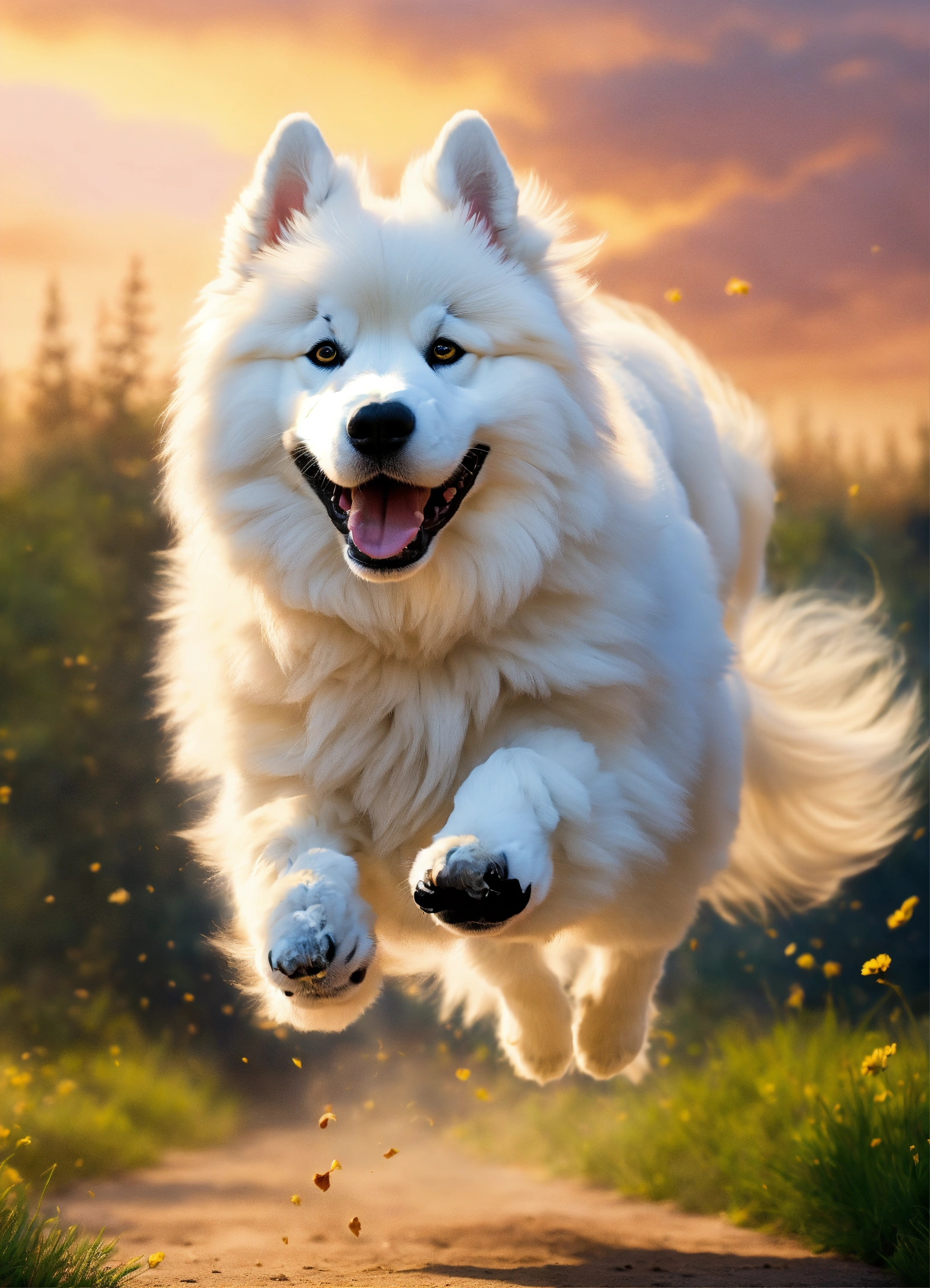 Lexica - A Samoyed dog jumping, playing, with lots of detail and ...