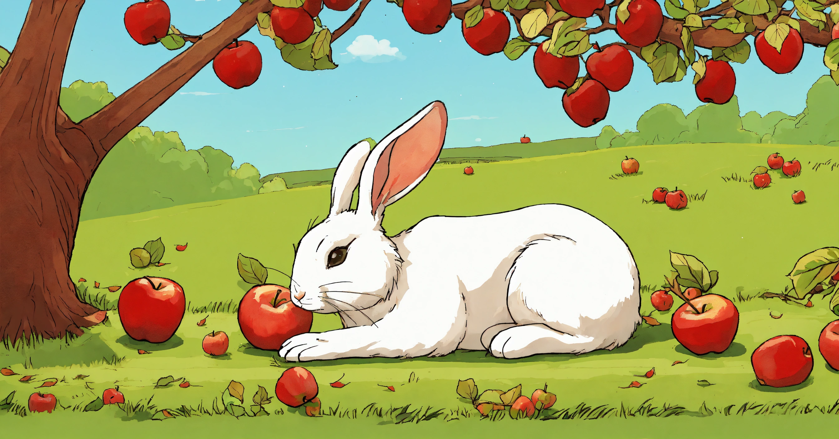 Lexica - Rabbit sleeping under an apple tree, falling apples around ...