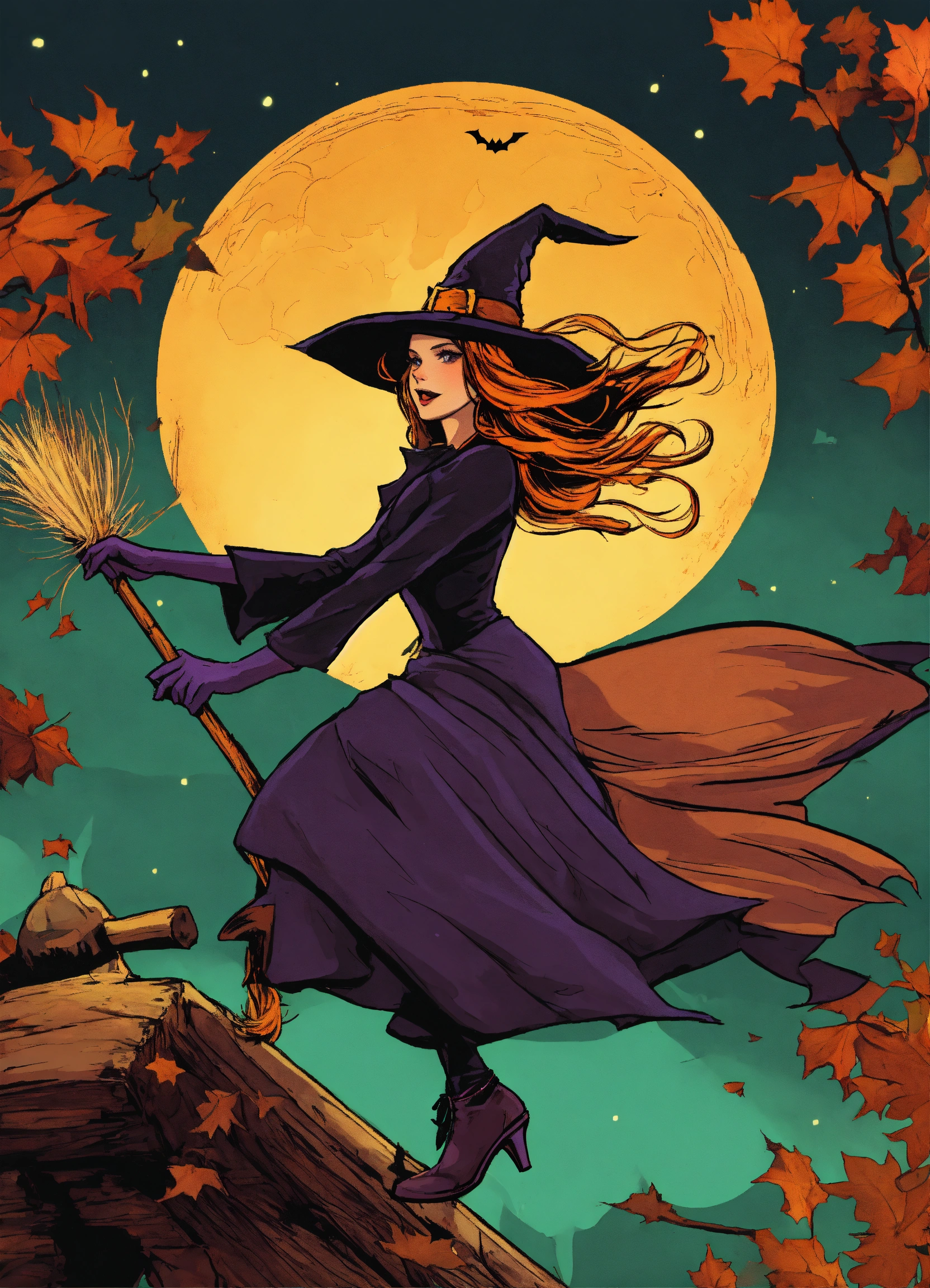 Lexica - Halloween witch on a broom comic book art