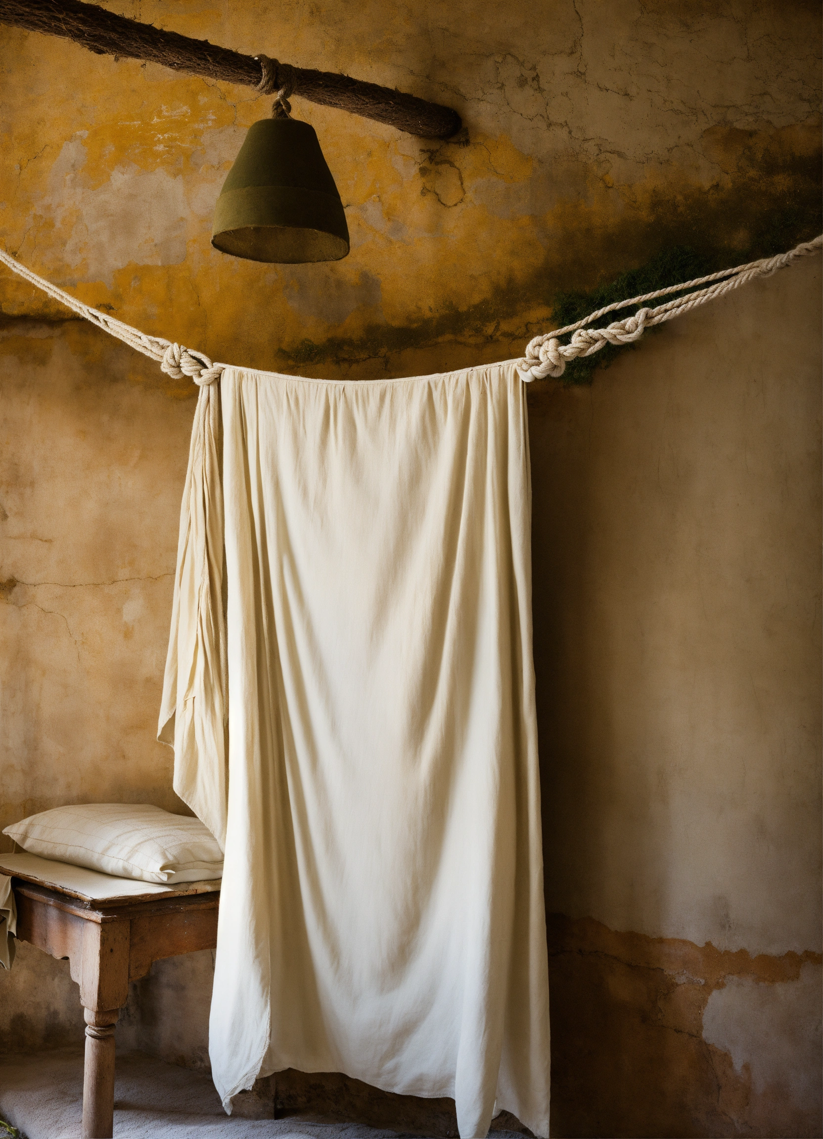 Lexica - Bed linen is dried on a rope, white frame, lenor, Italy