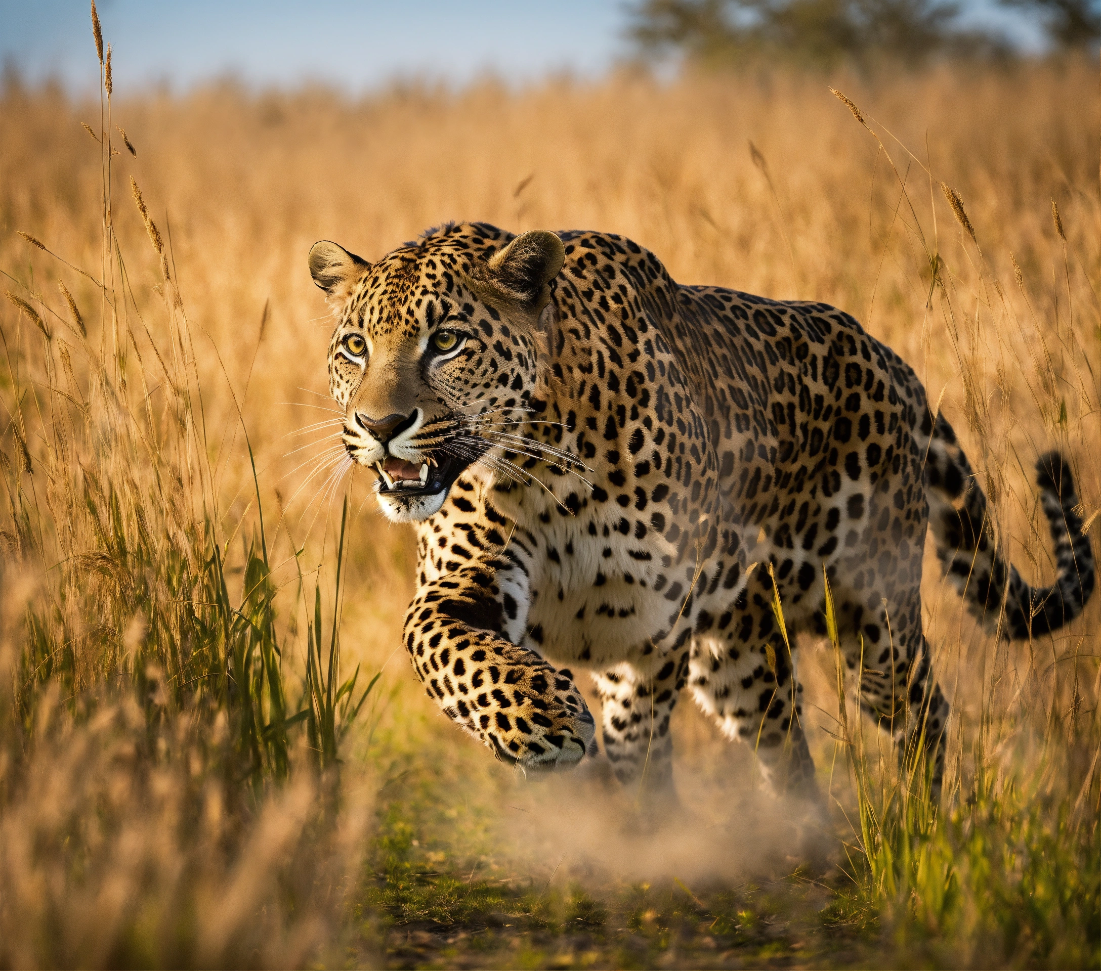 Lexica - A sabre toothed leopard pouncing out of tall grass to ambush a ...