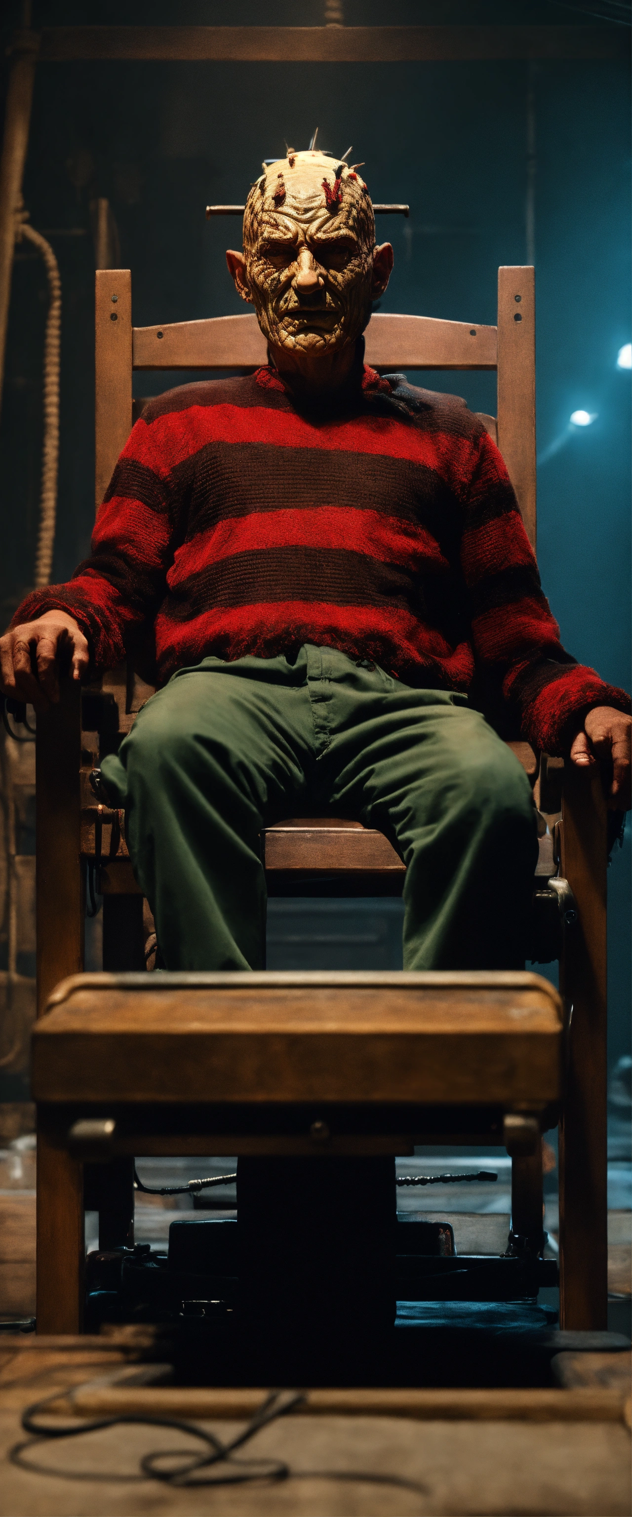 Lexica - Freddy Krueger sitting on an electric chair in the foreground ...