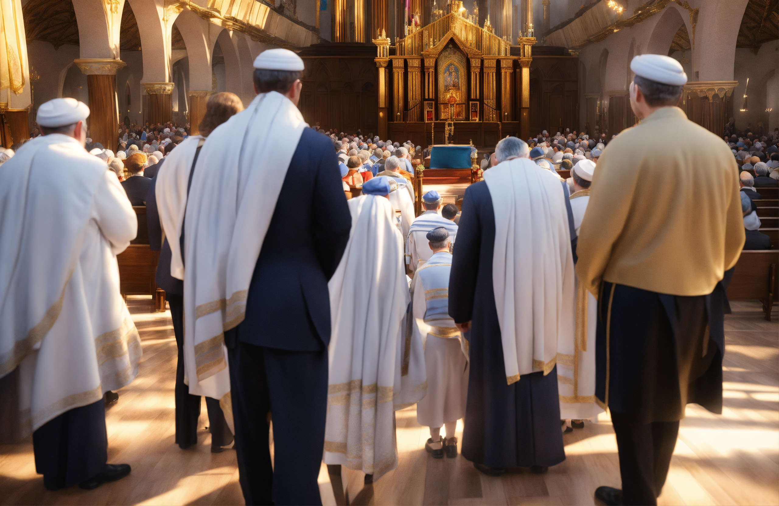 Lexica - A hundred Orthodox people sit in a synagogue with tallit and ...