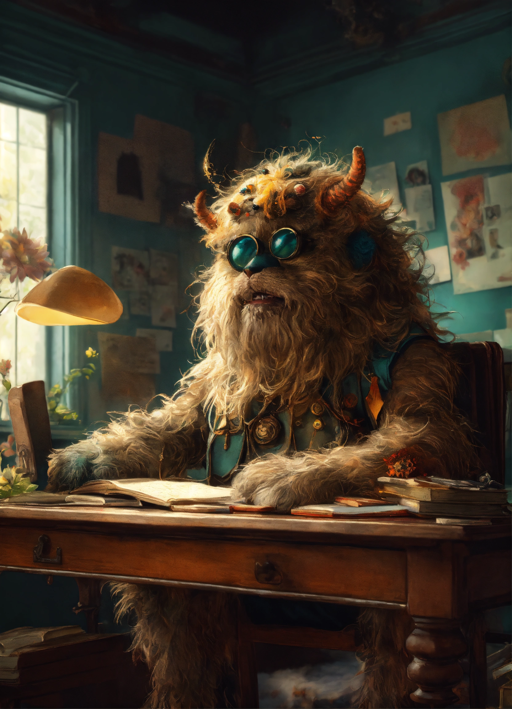 Lexica - A whimsical hairy monster sitting at a school desk, perfect ...