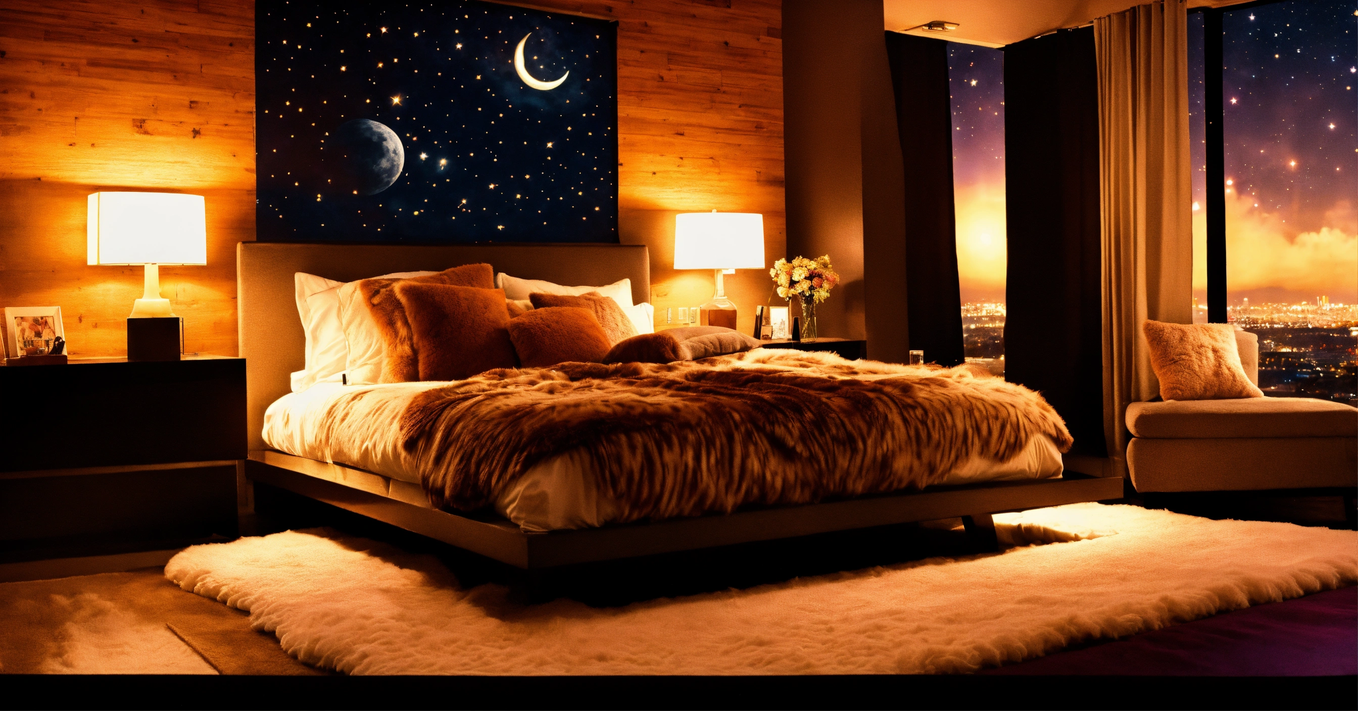 Lexica - Cozy bedroom, night sky, big fuzzy bed, fuzzy rug, romantic ...
