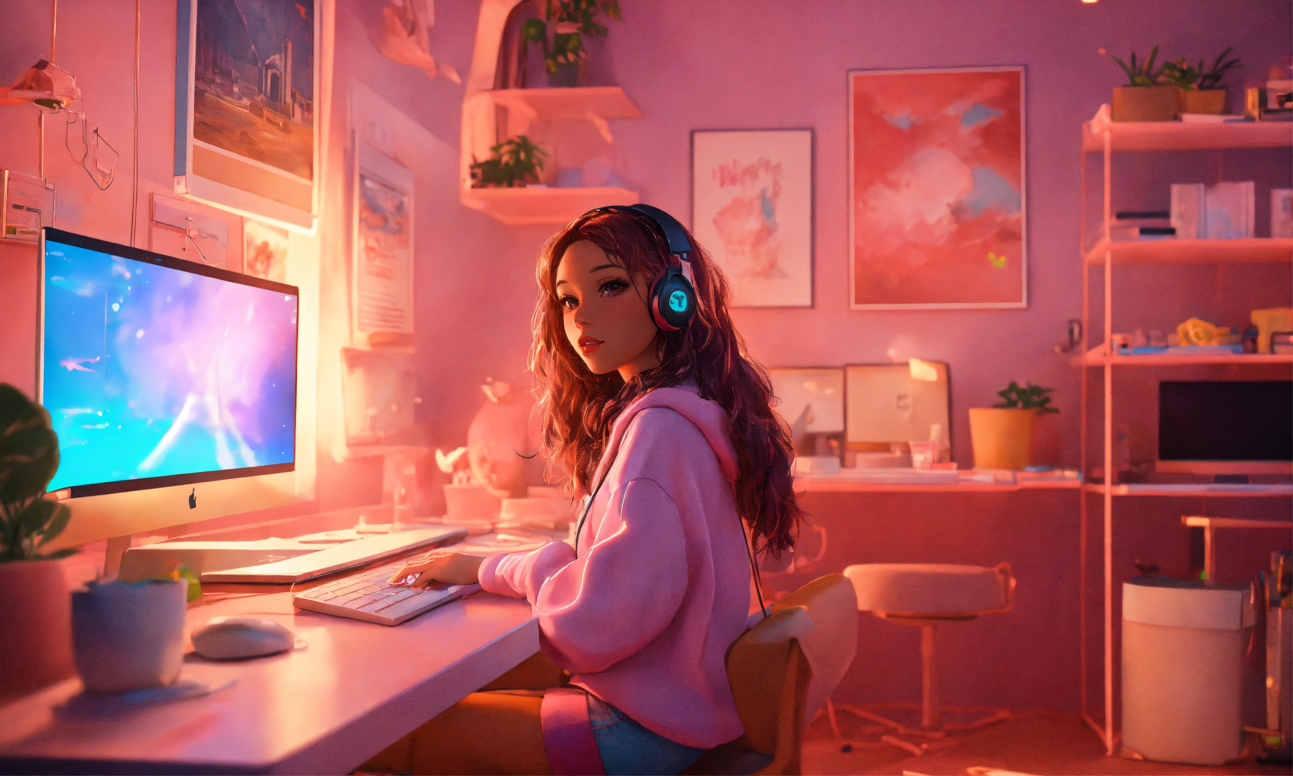 Lexica - Cute lofi girl in front of her computer in her cozy and messy ...