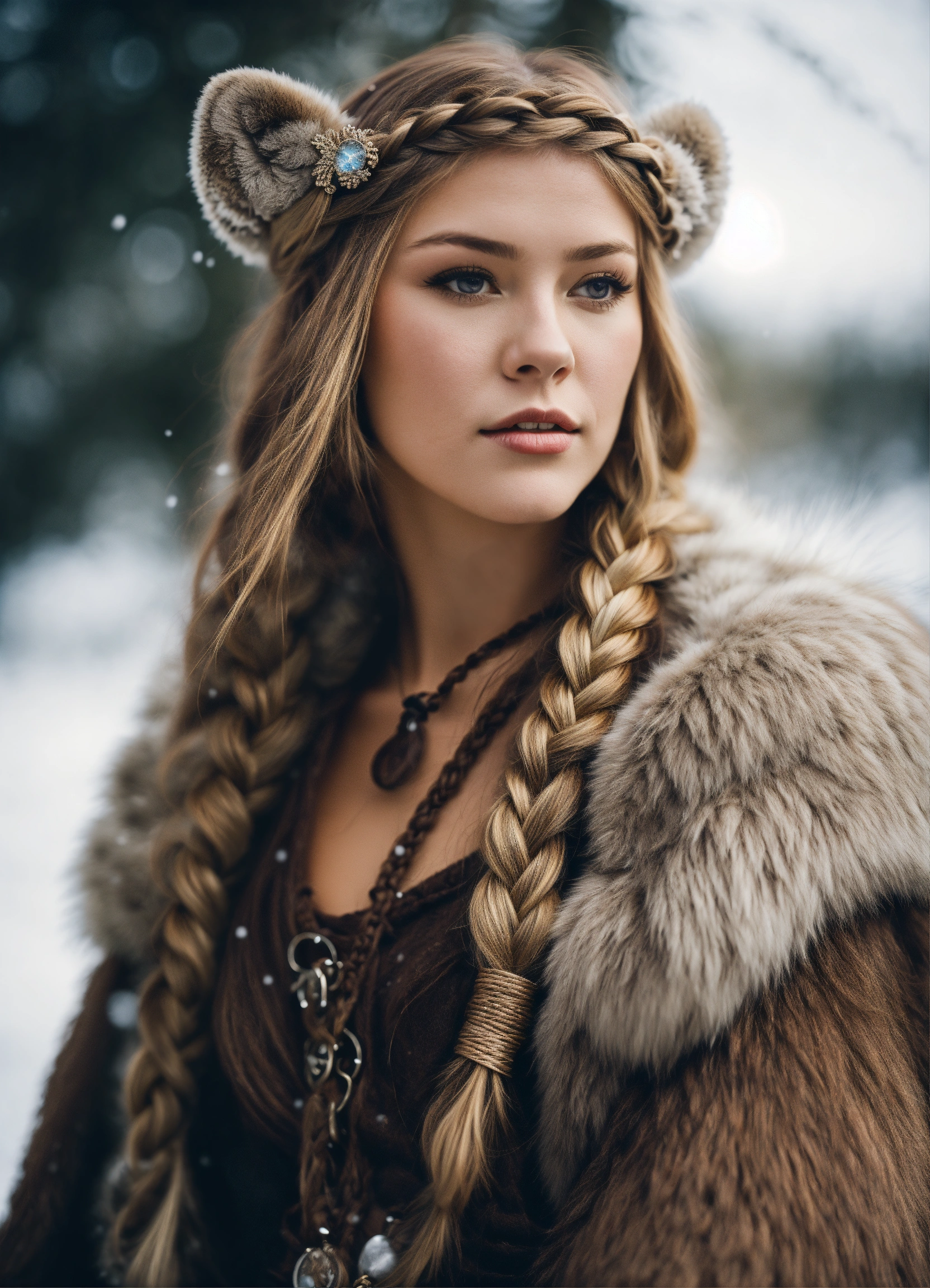 Lexica - "beautiful viking maiden", large braids, winter, furs,