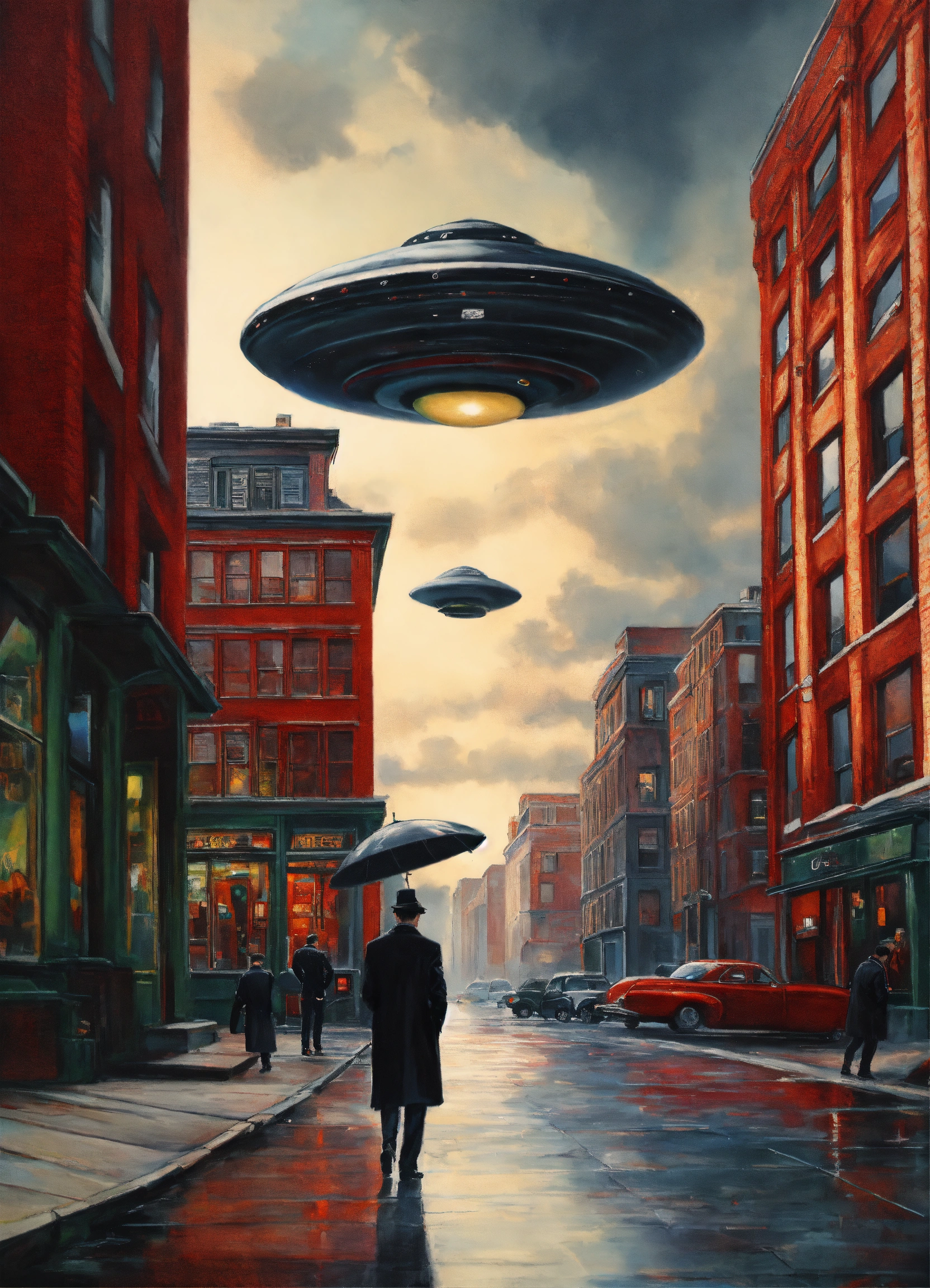 Lexica - Superrealist style, urban style, men in black, cloudy day, flying saucer in the sky ...