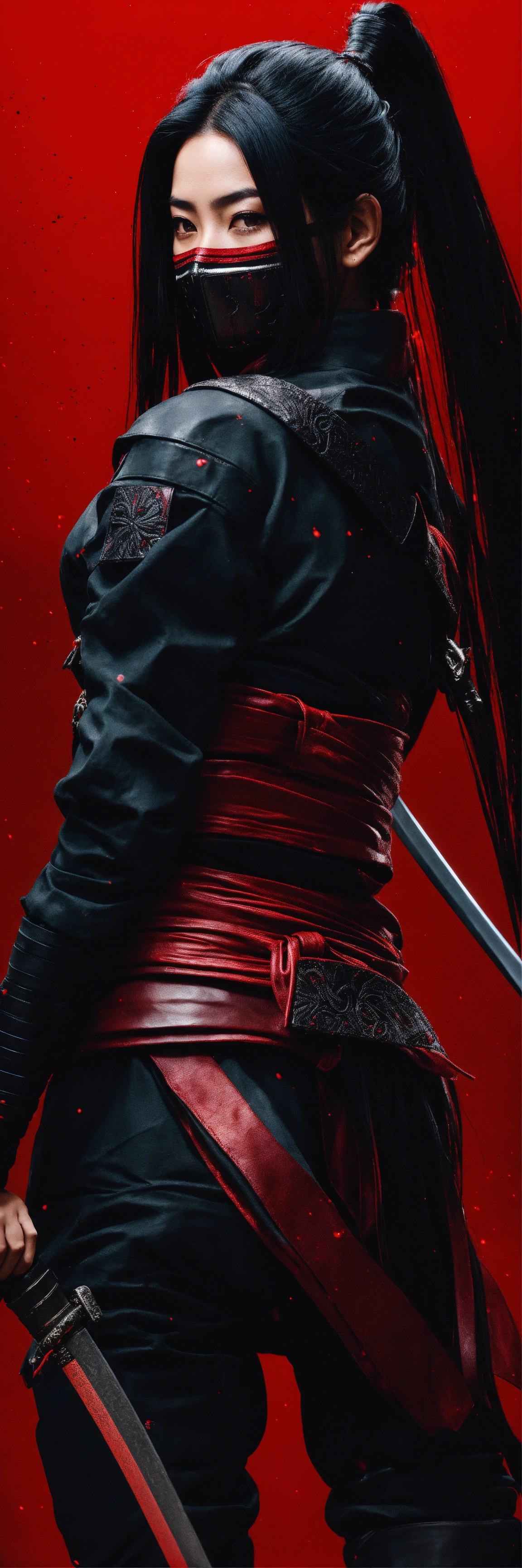 Lexica - Female shinobi looking back, shot from behind, masked, visible ...