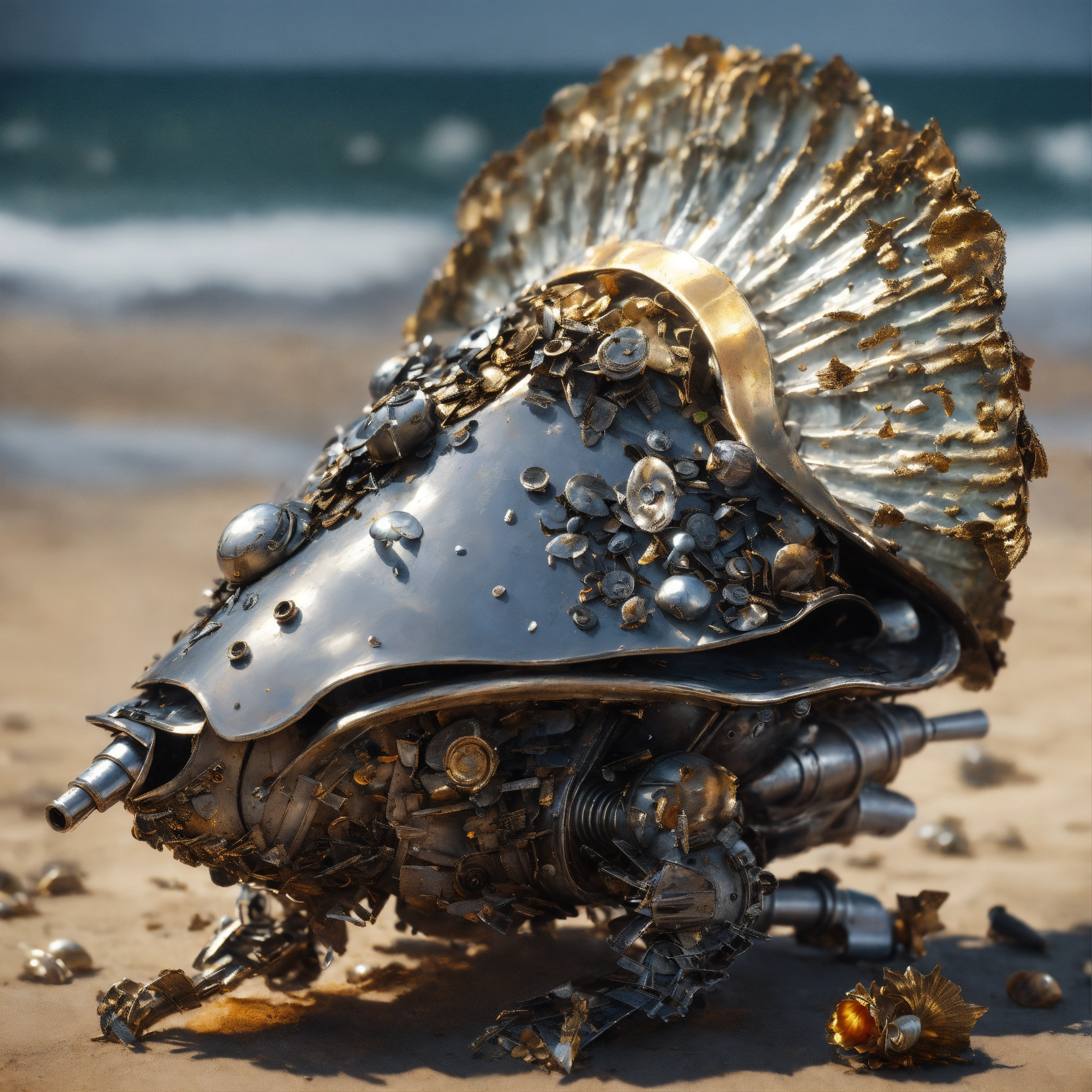 Lexica - Concept art of an oyster covered in metal scrap guns armor ...