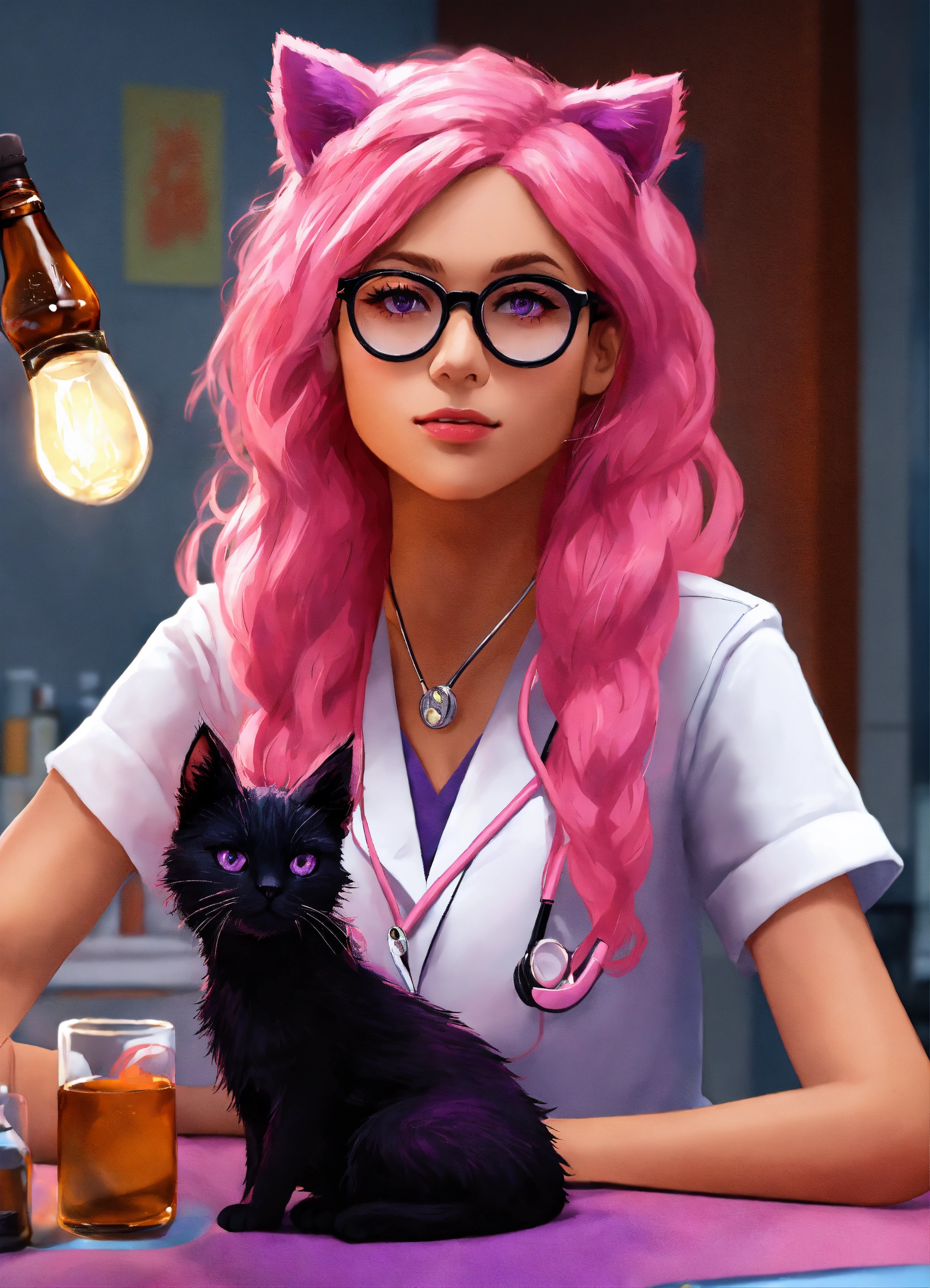 Lexica - Female doctor, with long pink hair, with cat ears color black ...