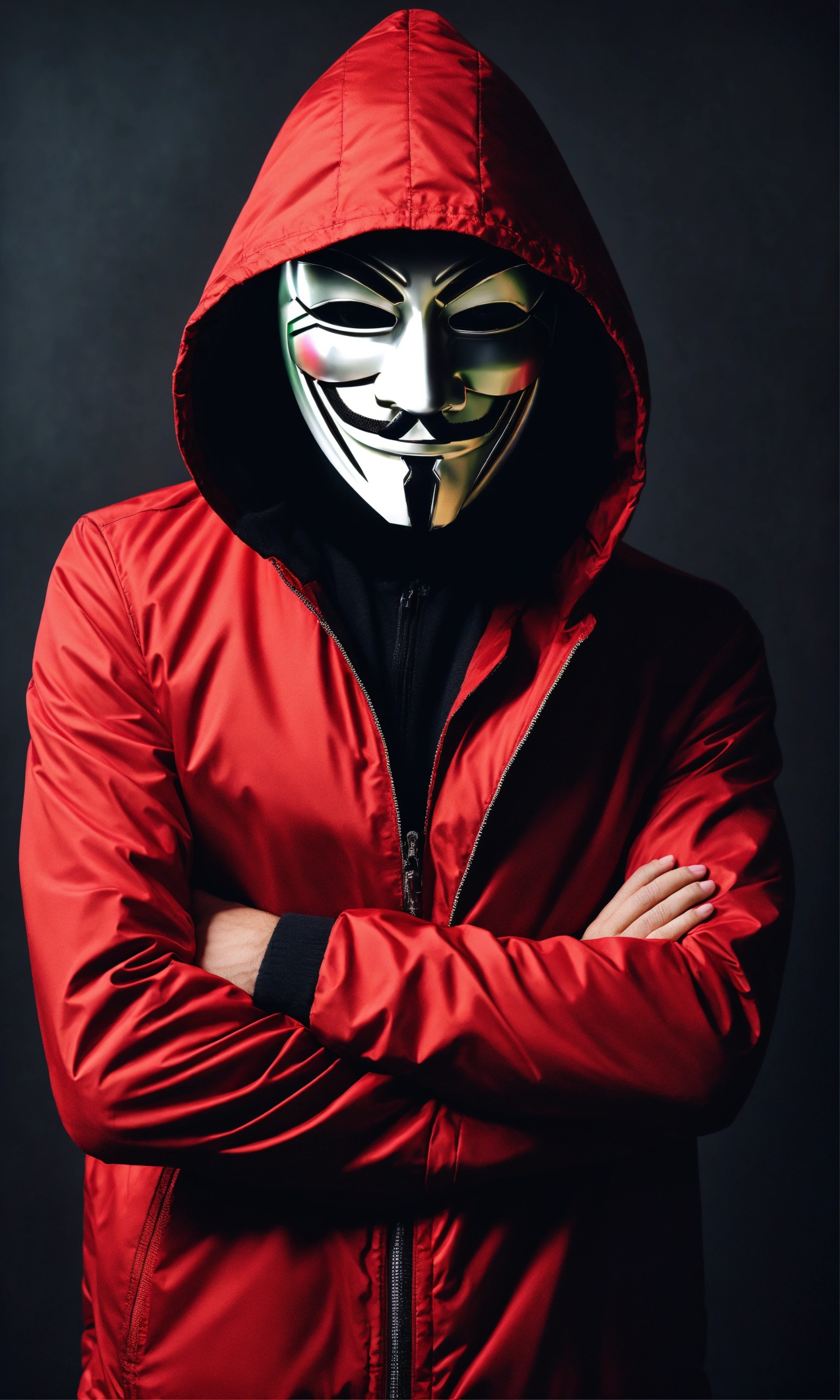 Lexica - Anonymous hacker in red jacket with dark hidden face with arms ...