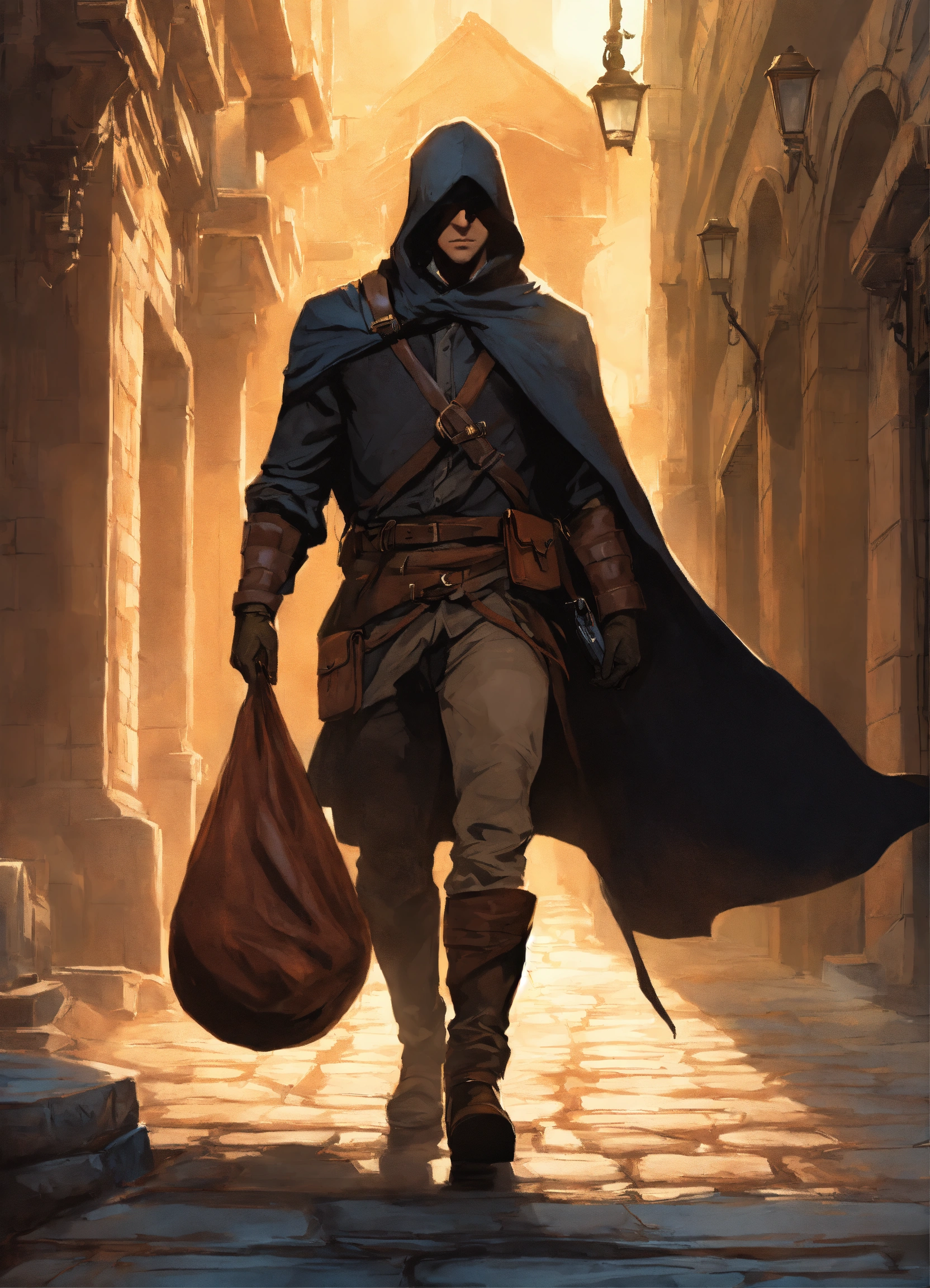 Lexica - Full body image, Thief with cloak and dagger, carrying a ...