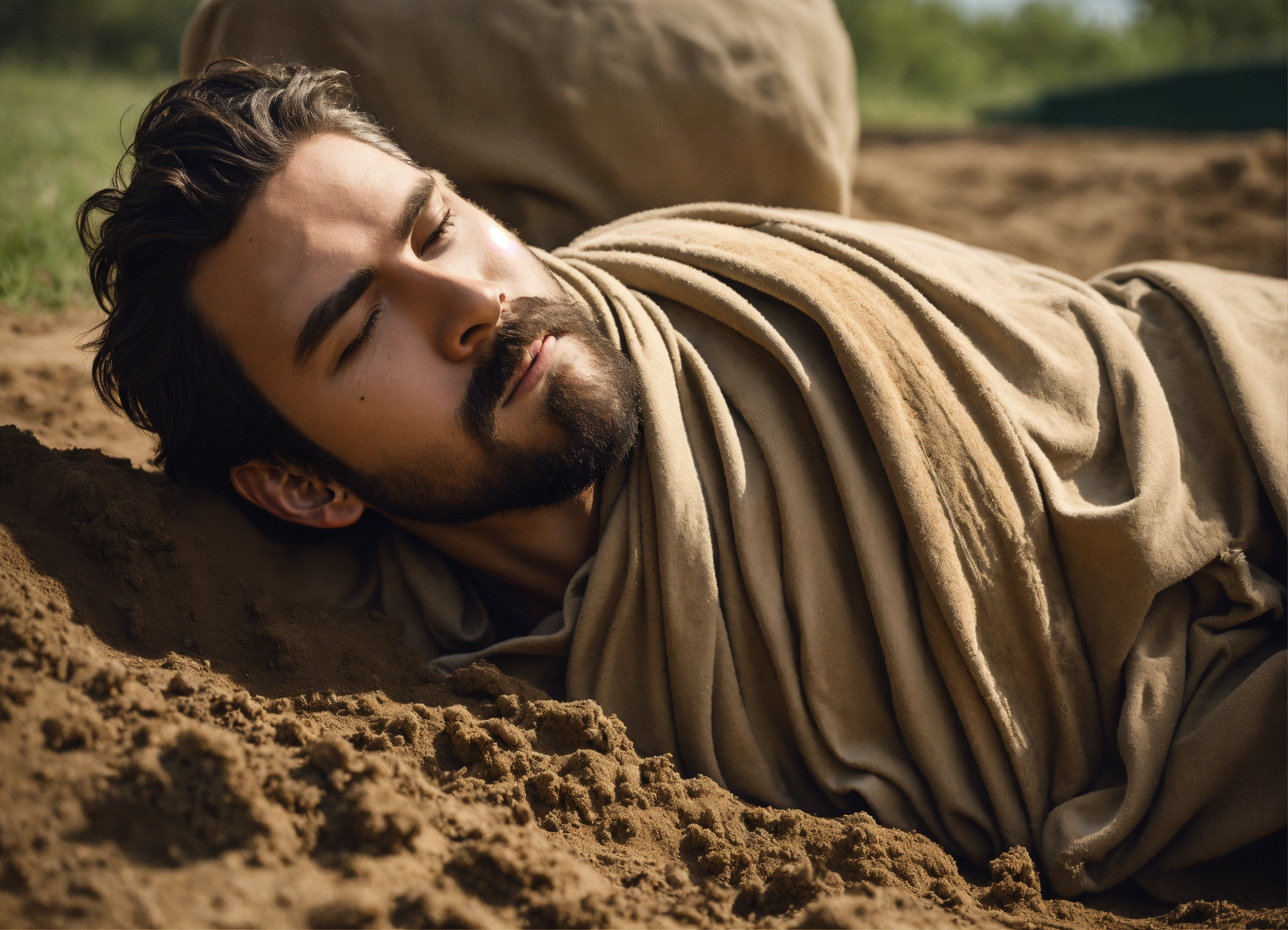 Lexica - A man,in dirty robes, laying on his side in the dirt, sharp ...