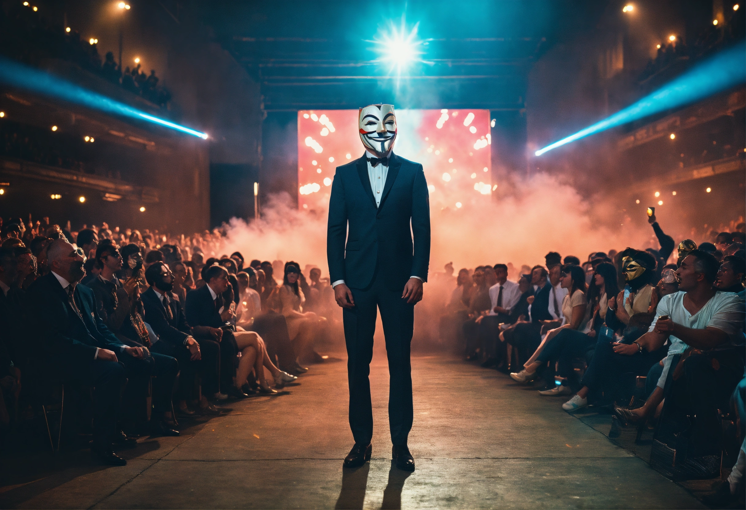Lexica - A businessman in a suit wearing a Guy Fawkes mask and ...