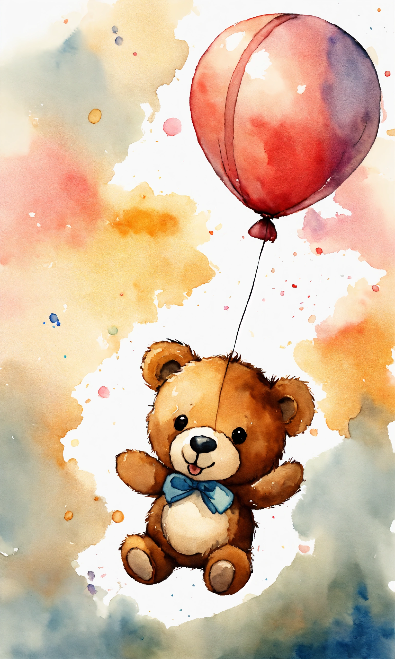 Lexica - Litlle teddy bear catching balloon, watercolor style