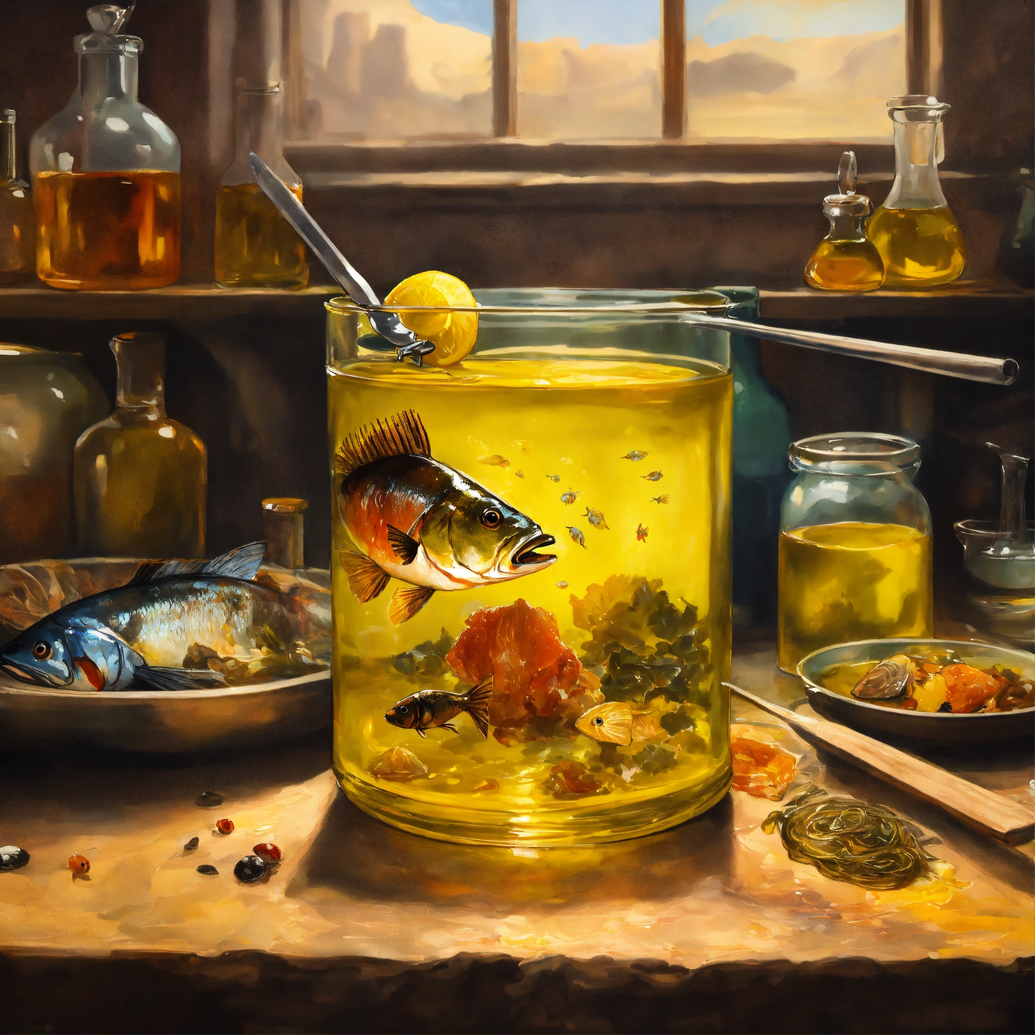 Lexica - Concept art of a vintage glass of yellow oil, fish head and ...