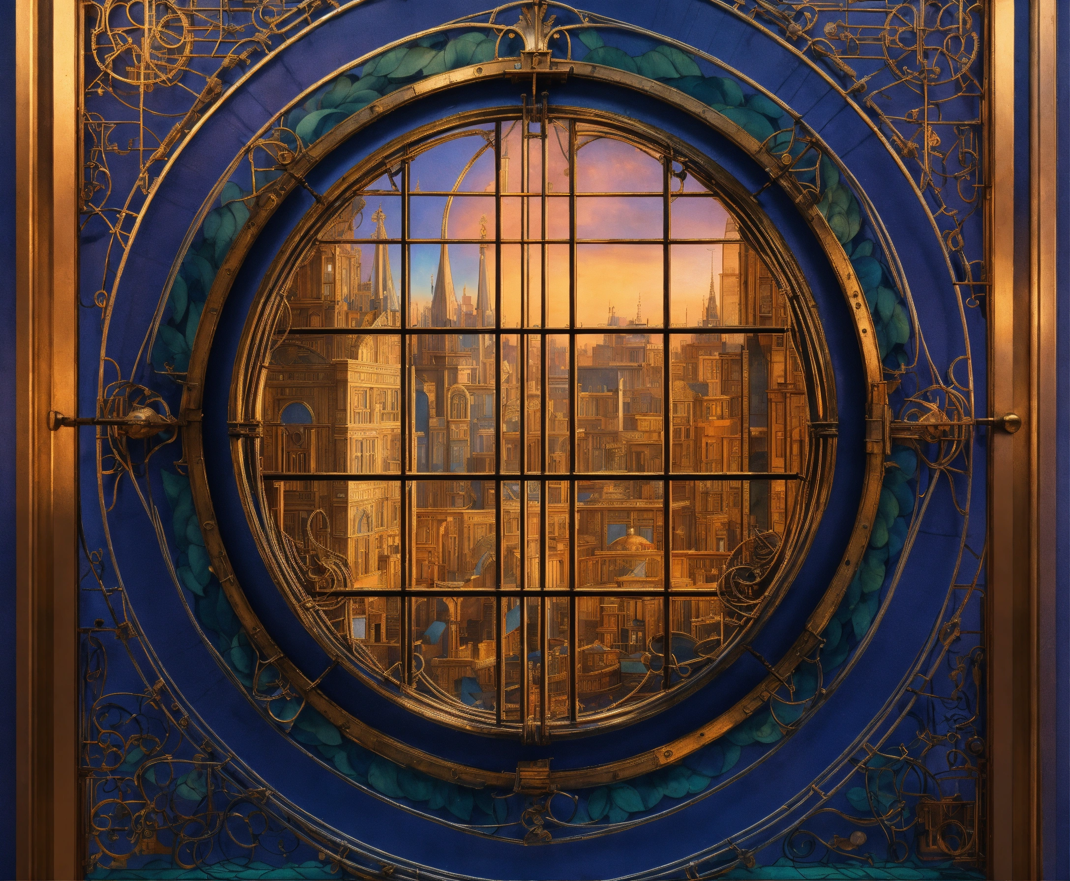 Lexica - Night window circle, city front, realistc metal, wire, realist ornamental, g clef ...