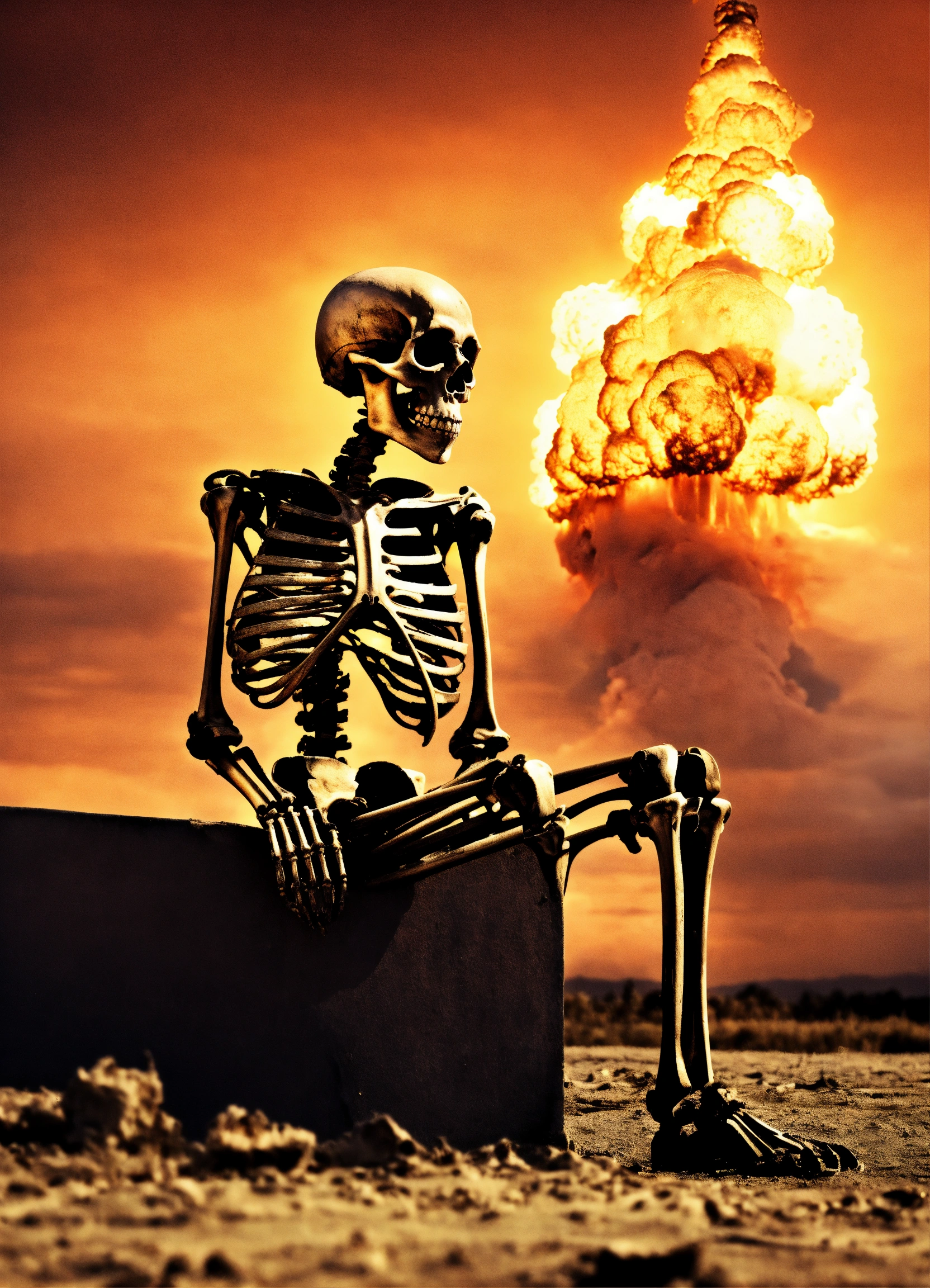 Lexica - Skeleton sitting in a thoughtful pose, nuclear explosion