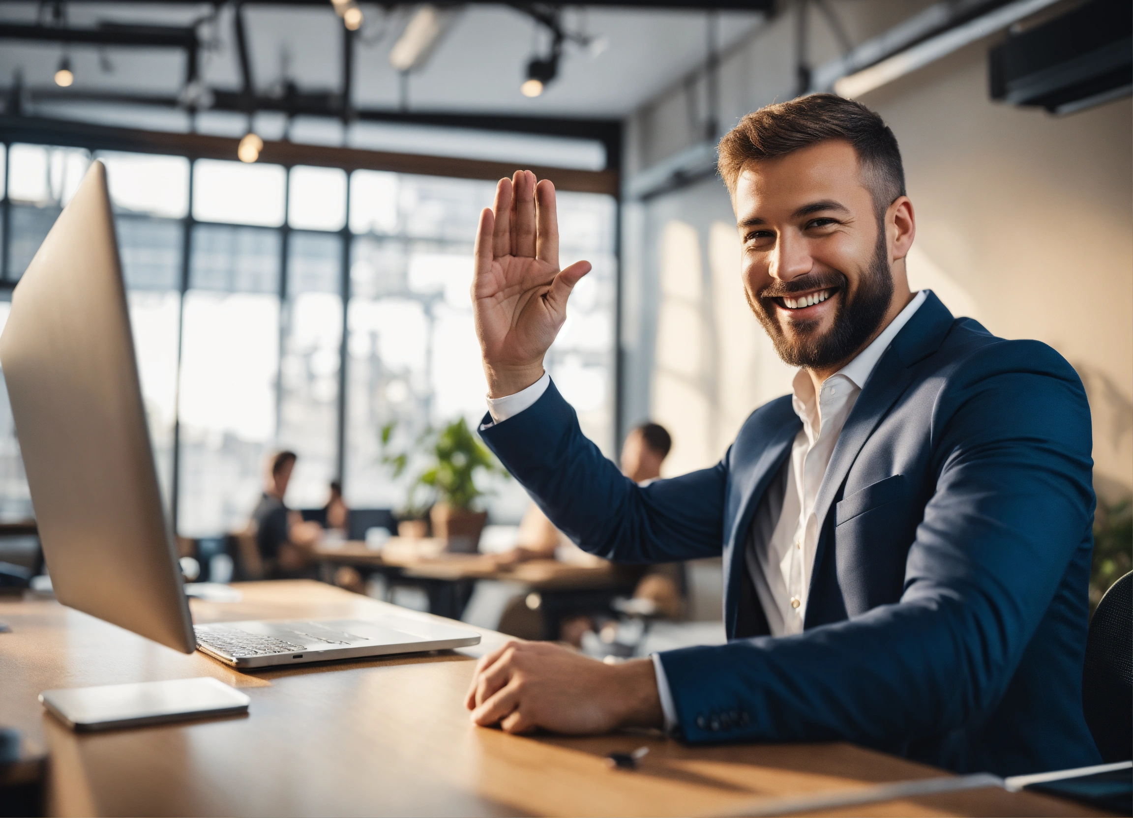 Lexica - Caucasian boss smiling sitting at a desk showing high five ...